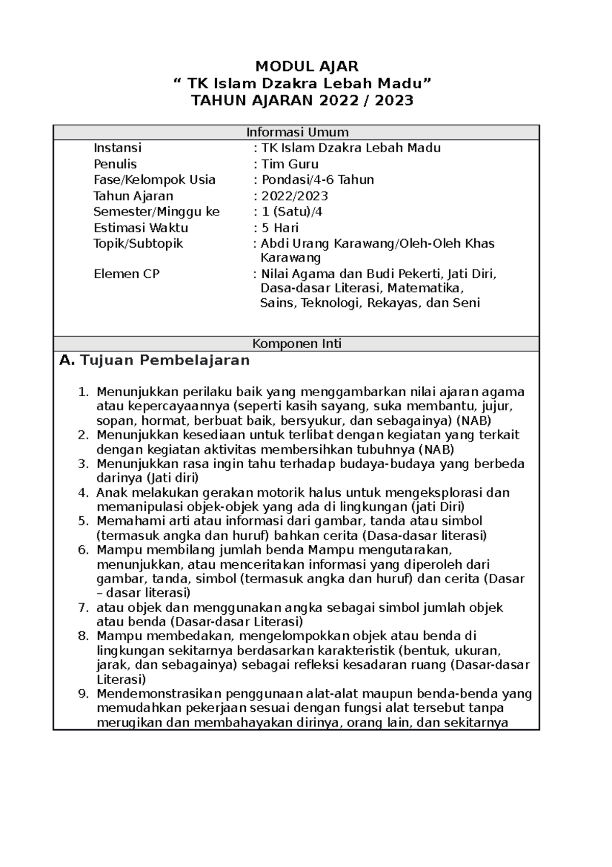 Format kosong modul ajar - MODUL AJAR “ TK Islam Dzakra Lebah Madu” TAHUN AJARAN 2022 / 2023 ...