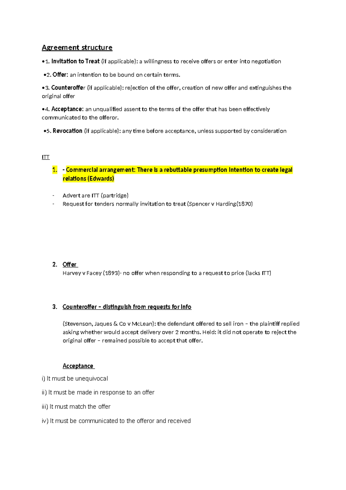 Contract - Summary Company Law - Agreement structure •1. Invitation to ...