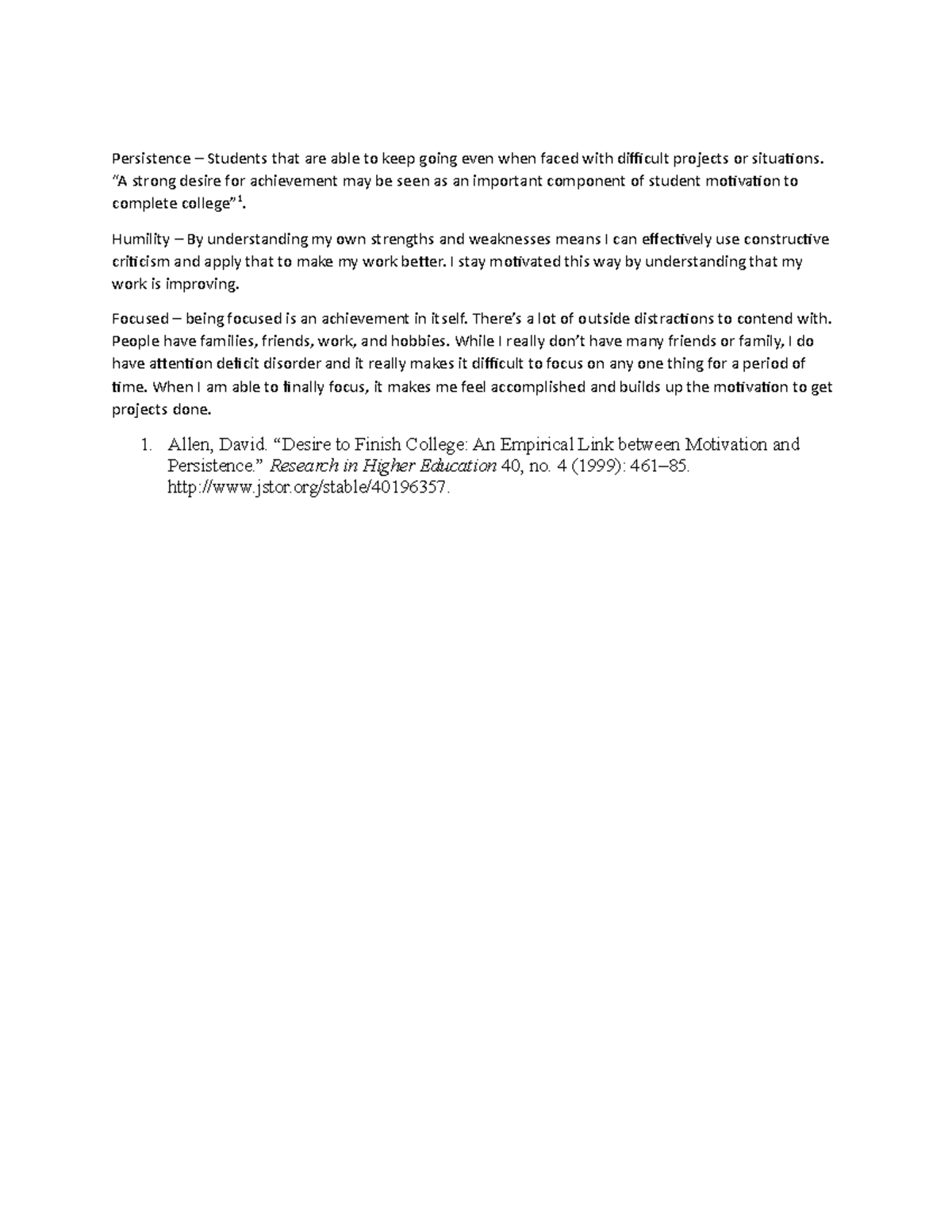 Persistence week 1 homework - Persistence – Students that are able to ...