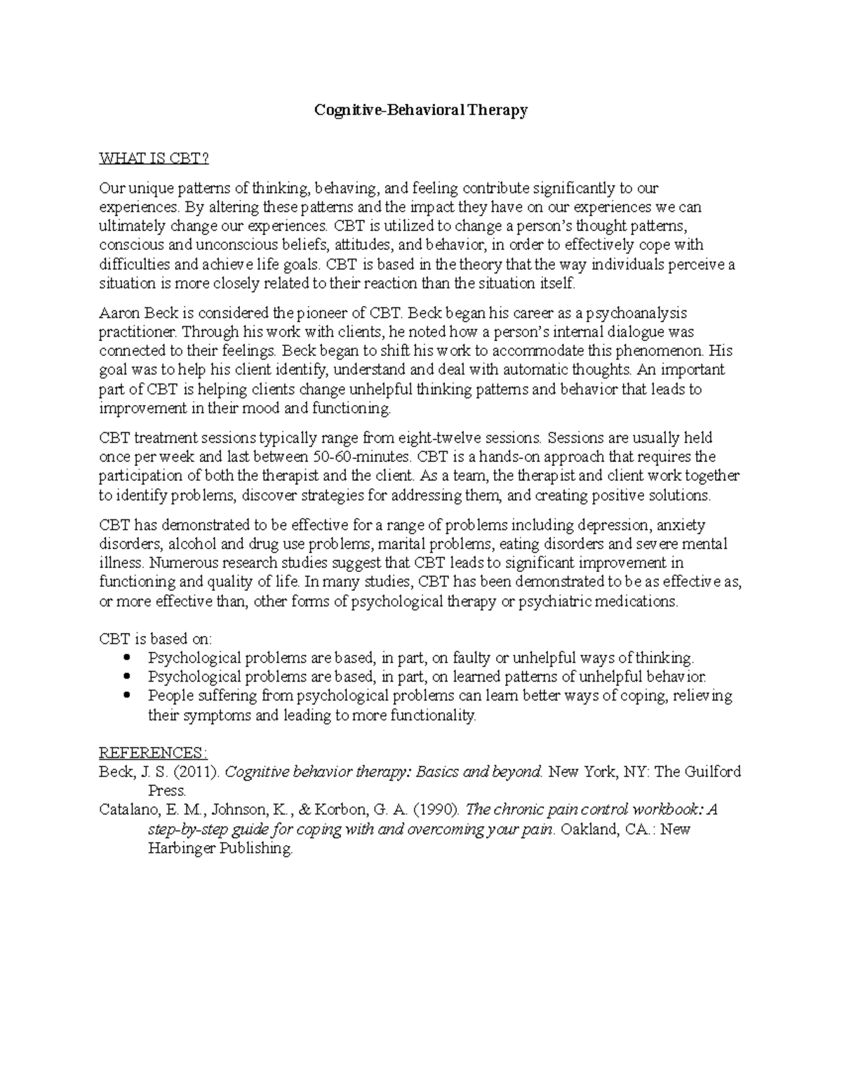 Clark CBT handout - Brief overview of CBT therapy modality - Cognitive ...