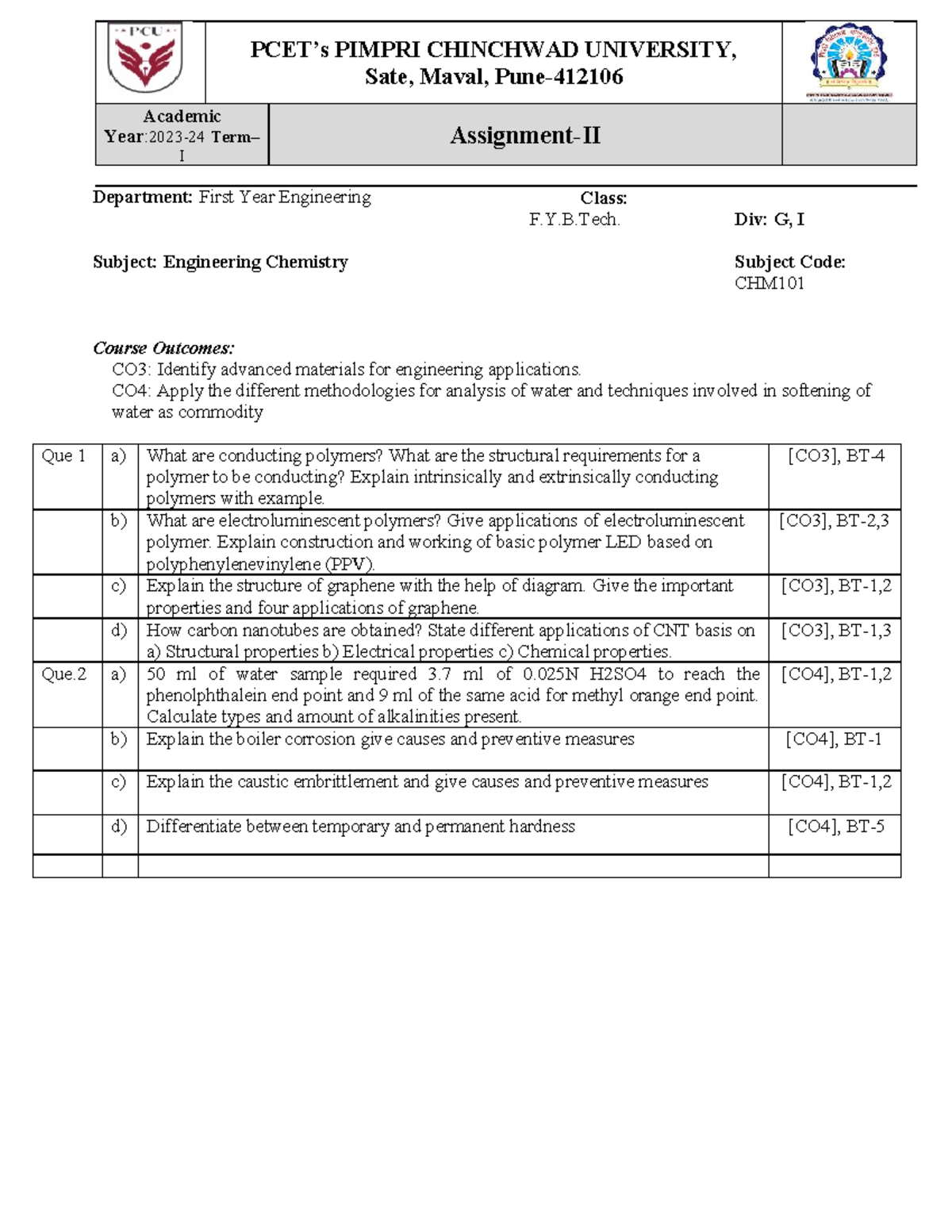 Assignment-II Engg Chemistry - PCET’s PIMPRI CHINCHWAD UNIVERSITY, Academic Year:2023-24 Term– I ...