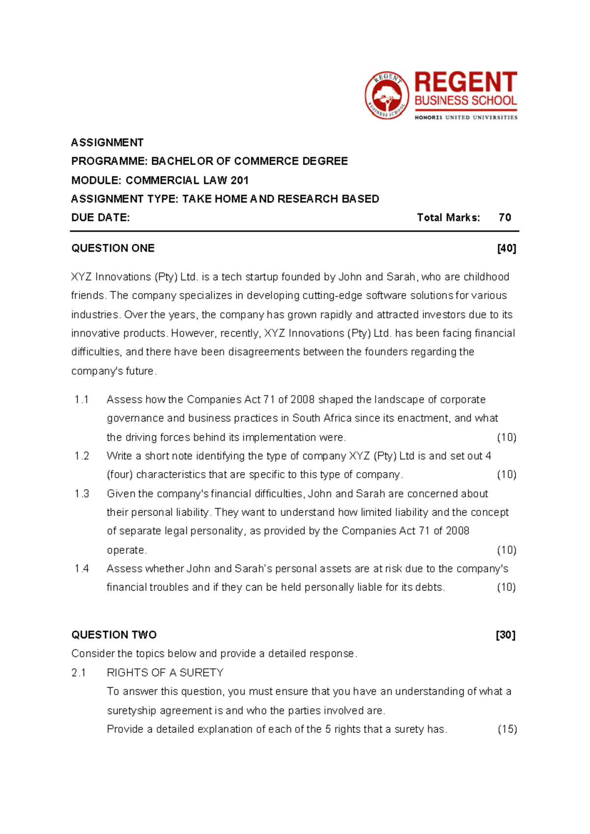 BCOM CL201 11161 Jan 24 S1 Assignment - ASSIGNMENT PROGRAMME: BACHELOR OF COMMERCE DEGREE MODULE ...