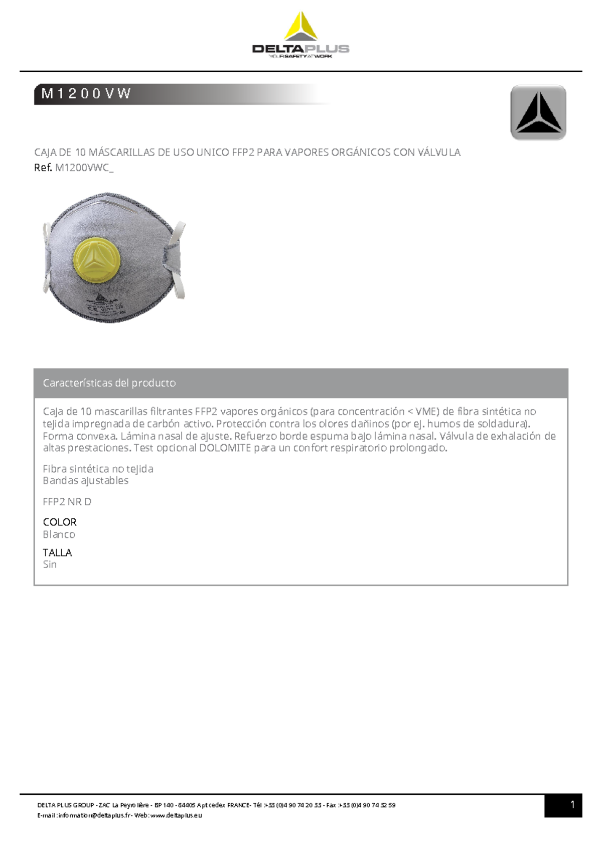 Mascarilla Vapores Orgánicos FFP2 - DELTA PLUS GROUP - ZAC La ...