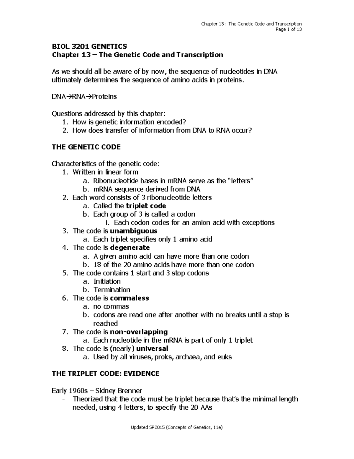 BIOL 3201 Chapter 13 - The Genetic Code of Transcription - Page 1 of 13 ...