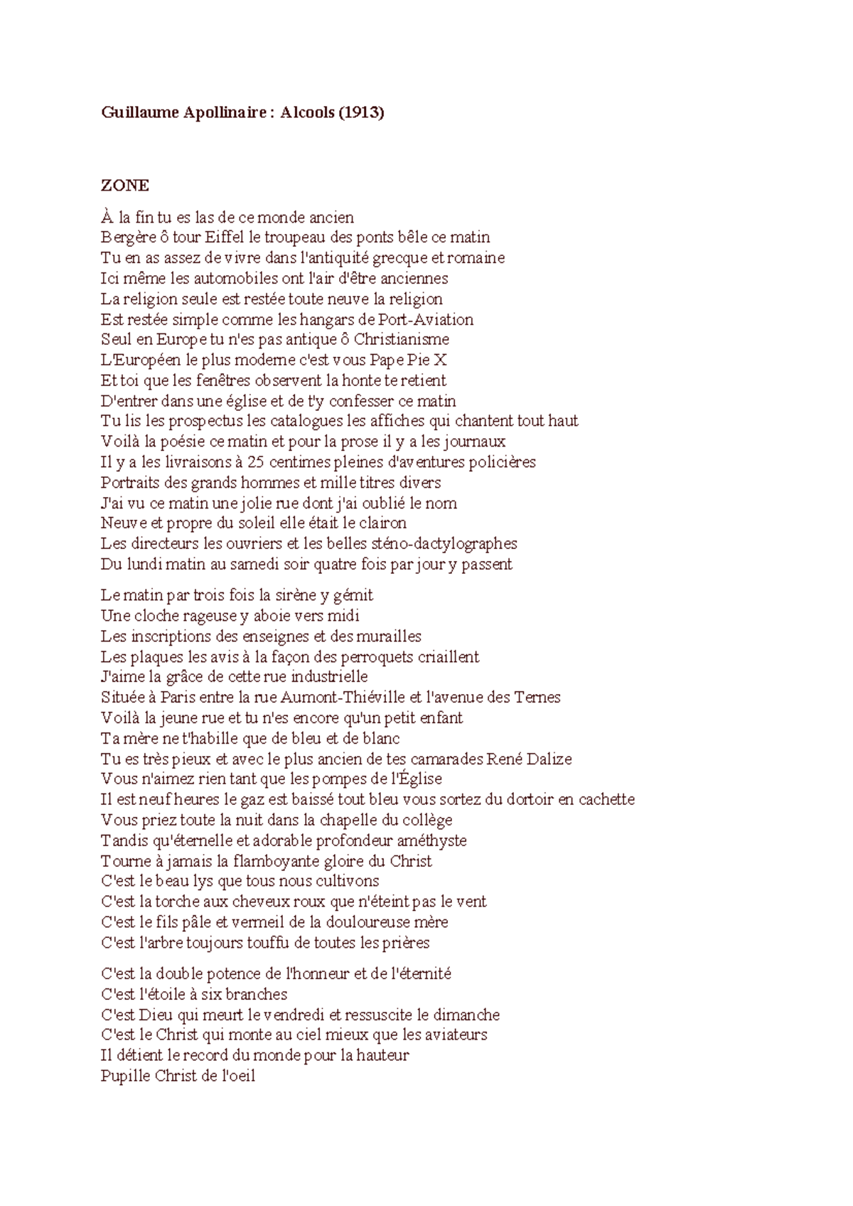 Apollinaire La Zone - texte integral la zone - Guillaume Apollinaire ...