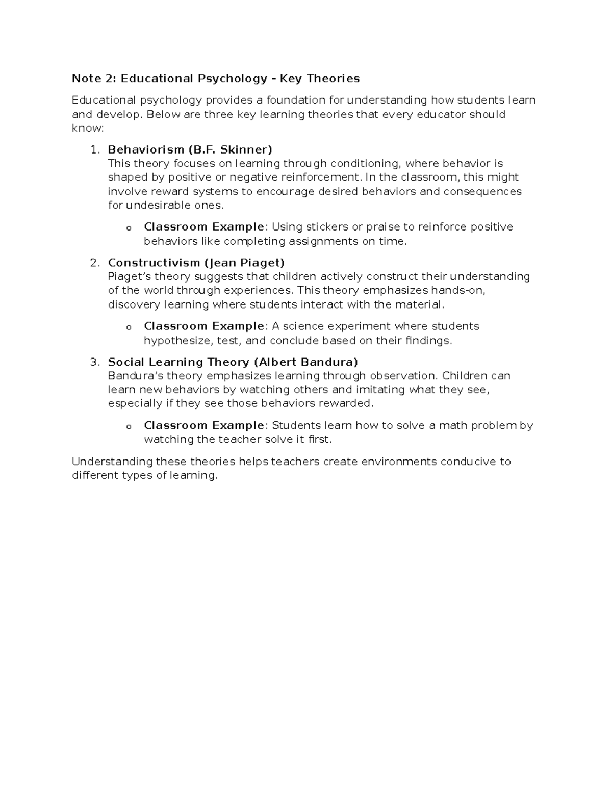 Note 2 - Educational notes - Note 2: Educational Psychology - Key ...