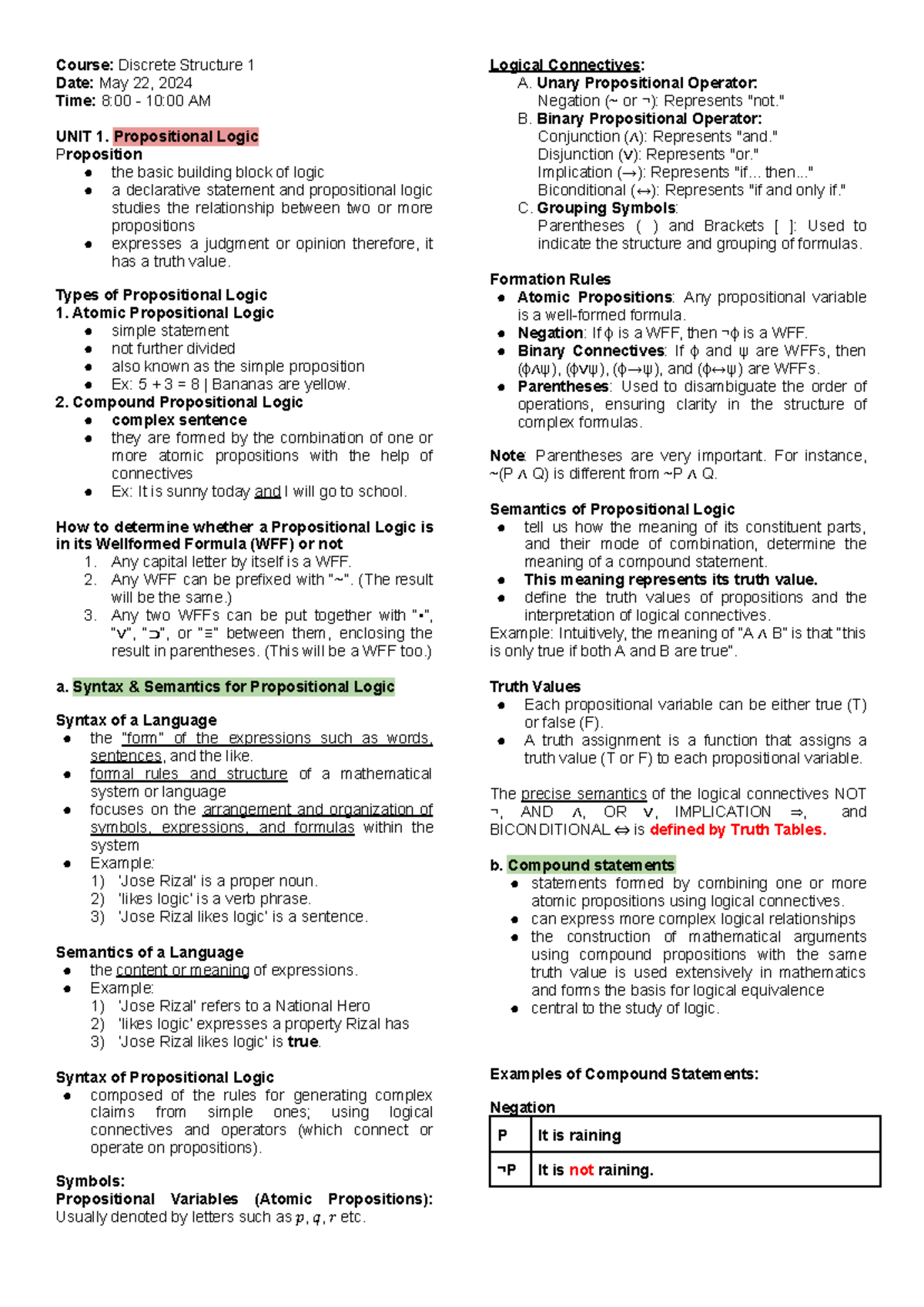 Discrete Structure 1 - Propositional Logic Proposition the basic building block of logic a - Studocu