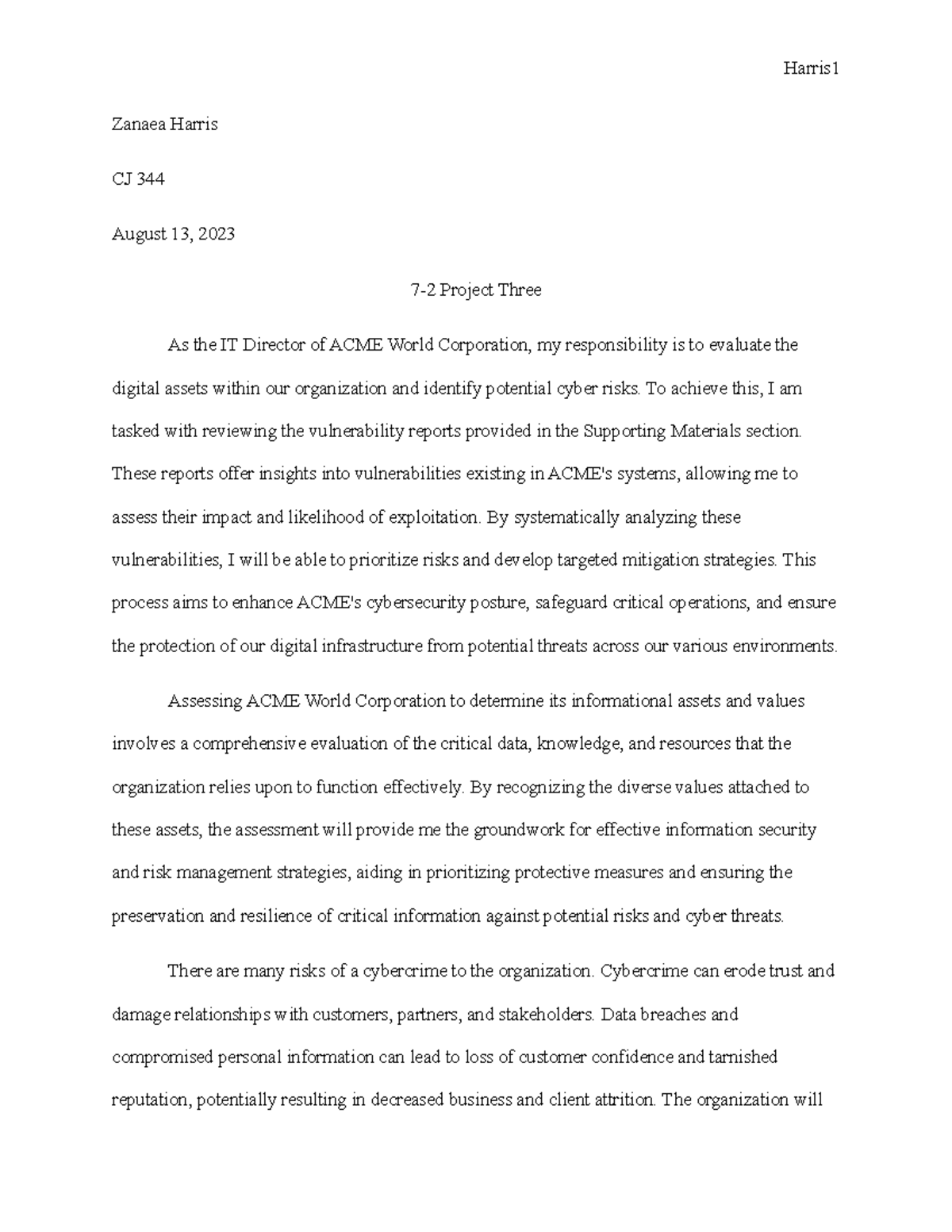 7-2 Project Three - Zanaea Harris CJ 344 August 13, 2023 7-2 Project ...