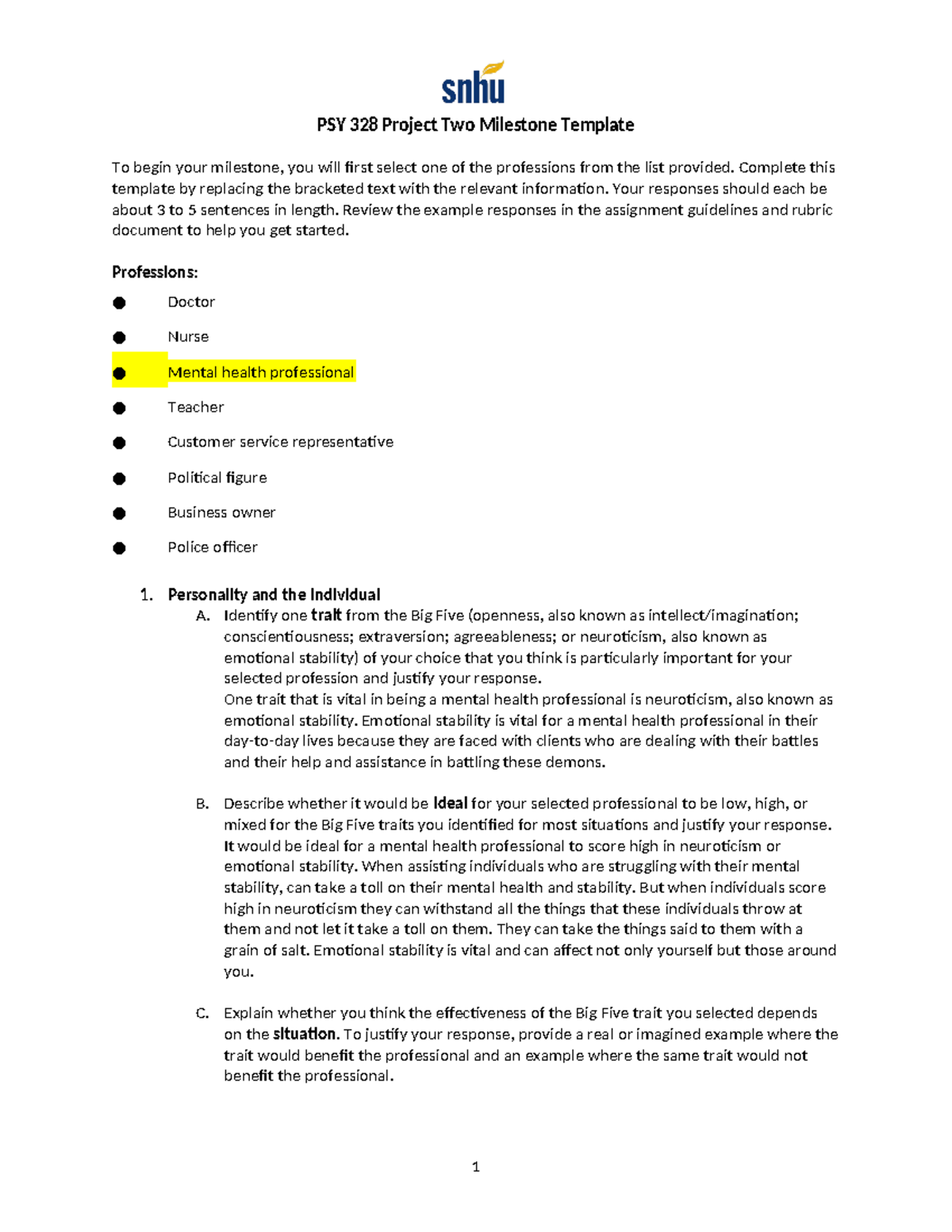 PSY 328 Project Two Milestone - Complete this template by replacing the ...