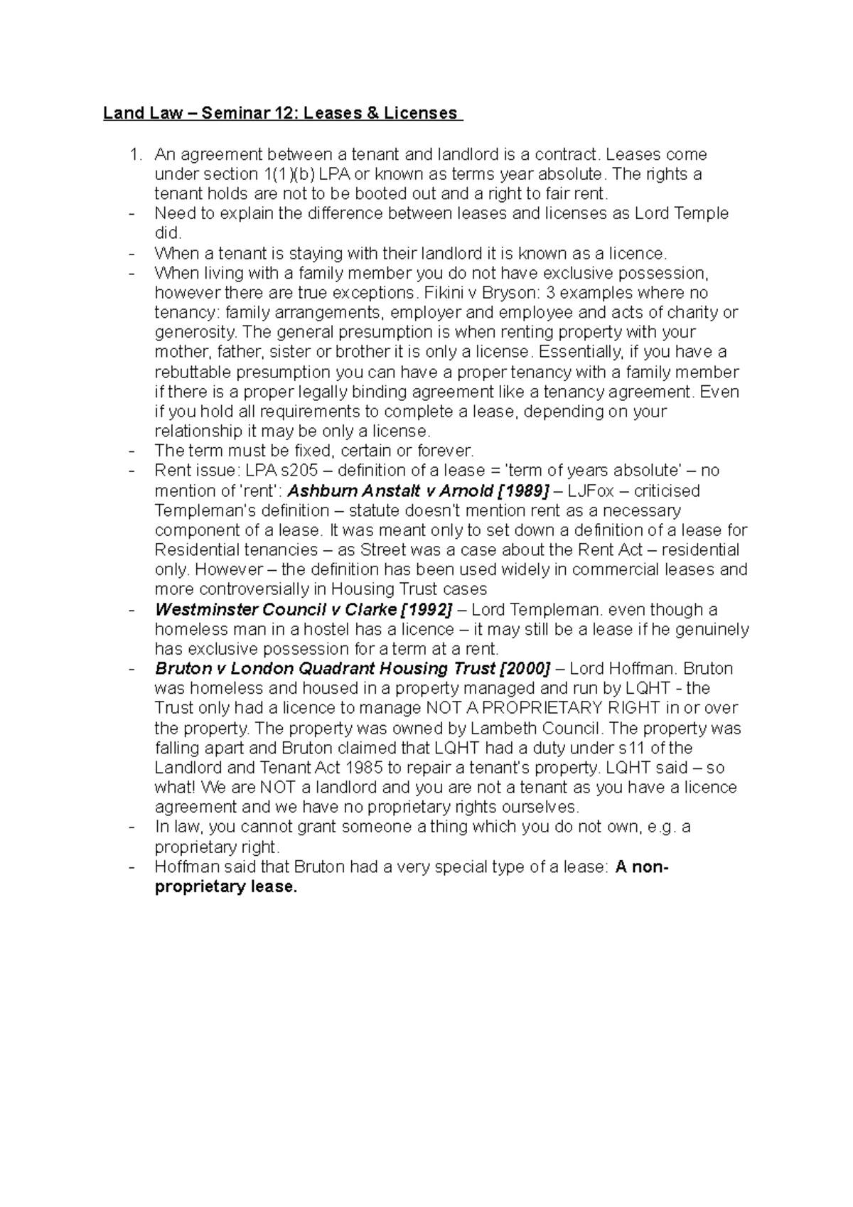 S12 - Seminar Work - Land Law – Seminar 12: Leases & Licenses 1. An ...