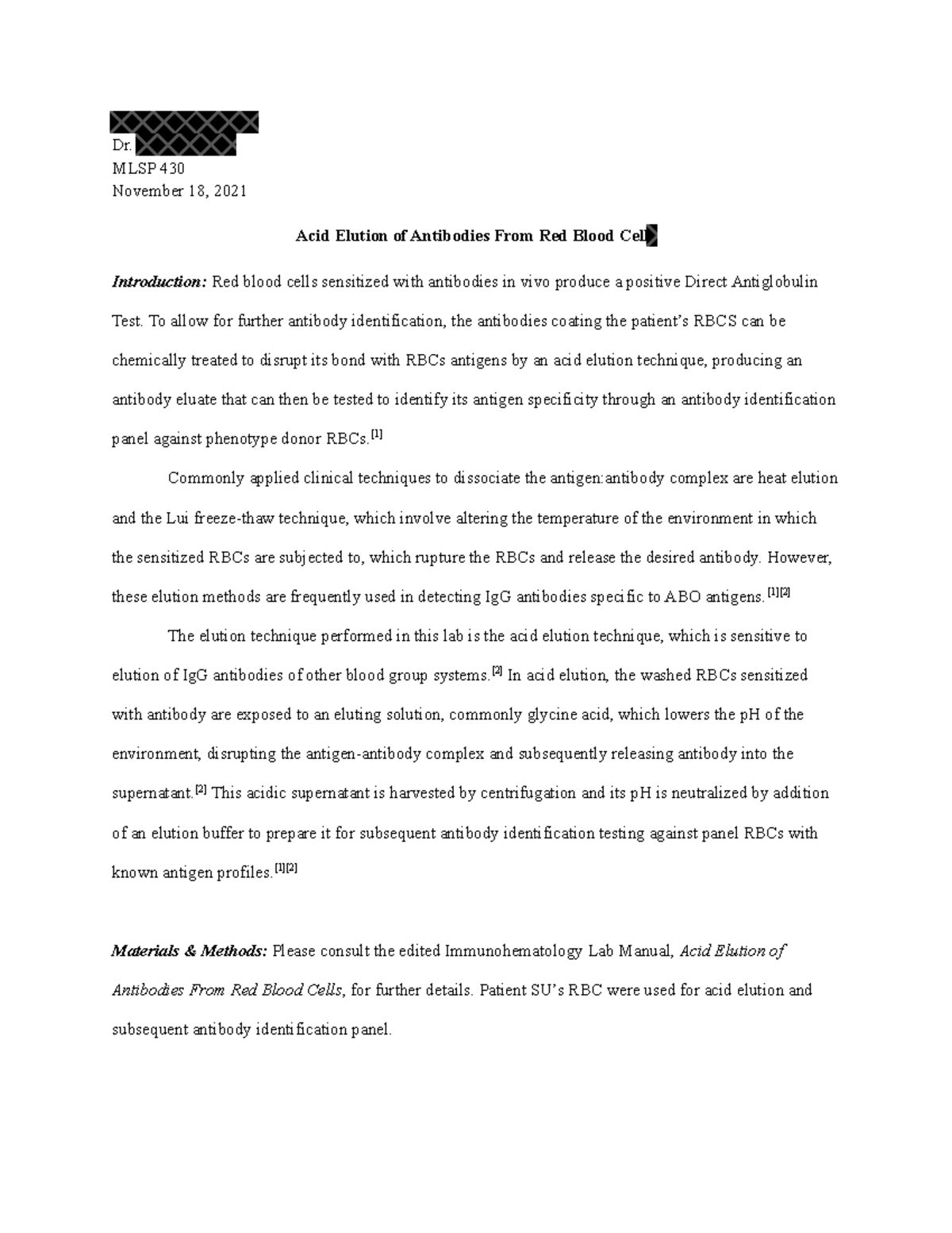 Acid Elution of Antibodies From Red Blood Cell - Dr. MLSP 430 November ...