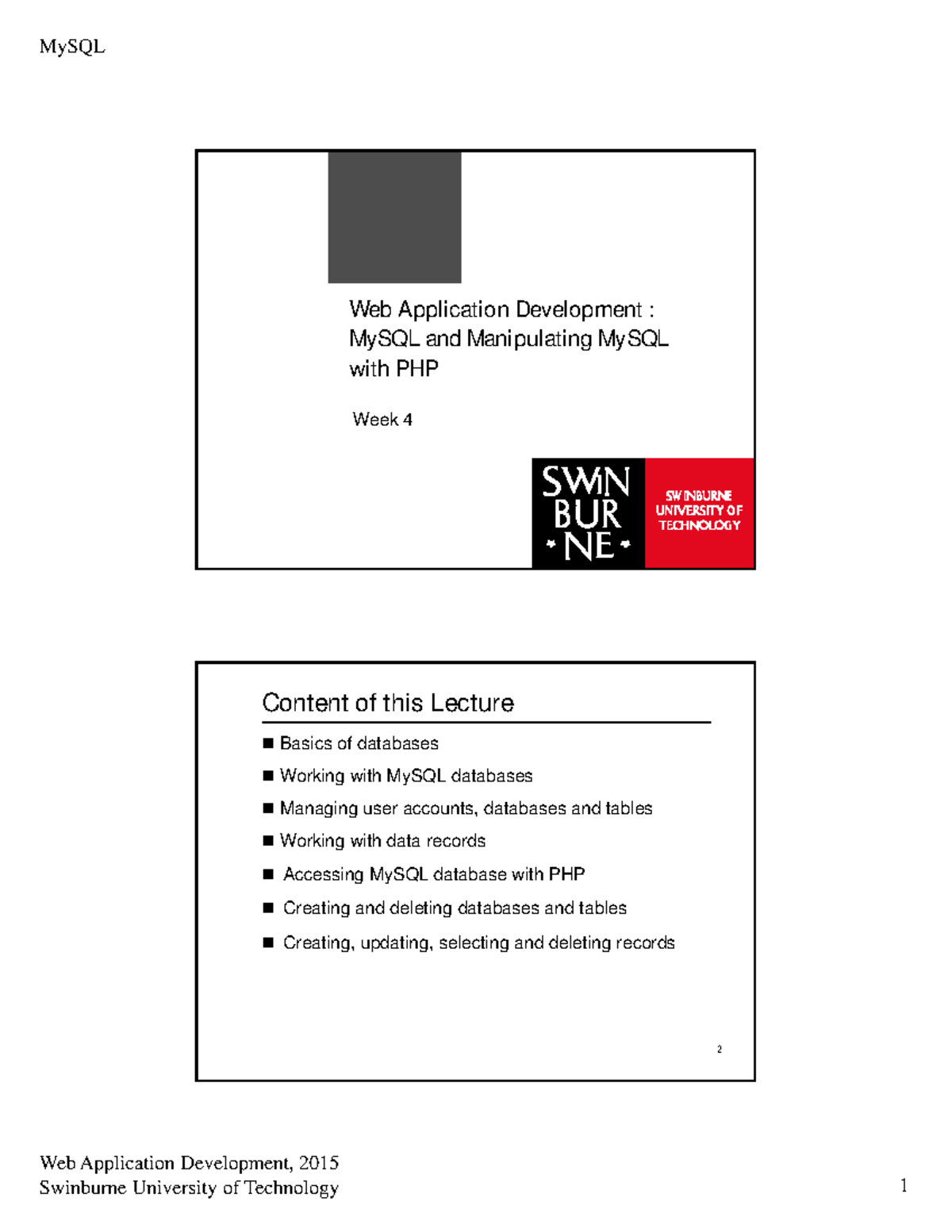 My Sql Lecture Notes 4 Web Application Development 2015 Week 4 Web