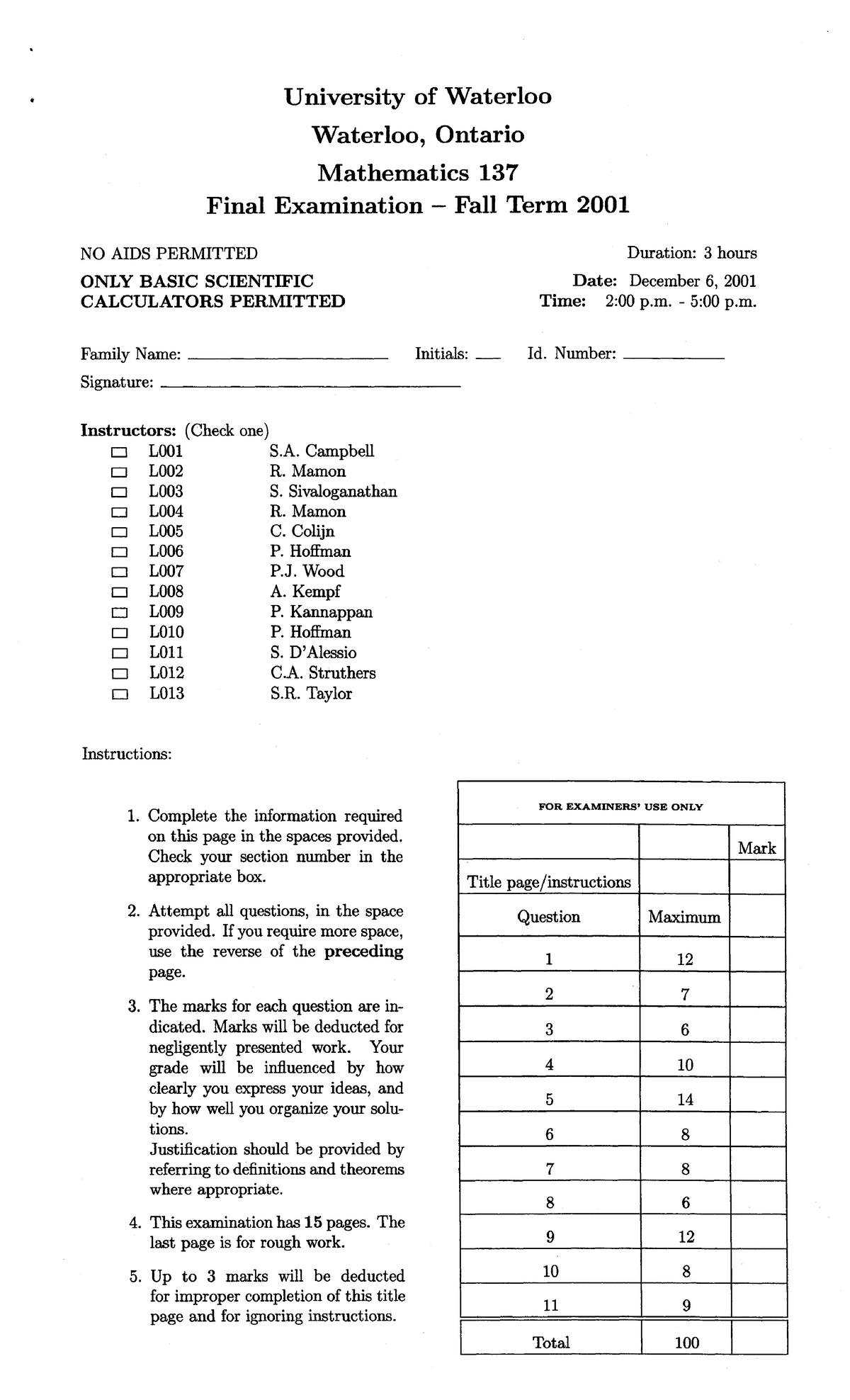 Exam Fall 2001, questions - University of Waterloo Waterloo, Ontario ...