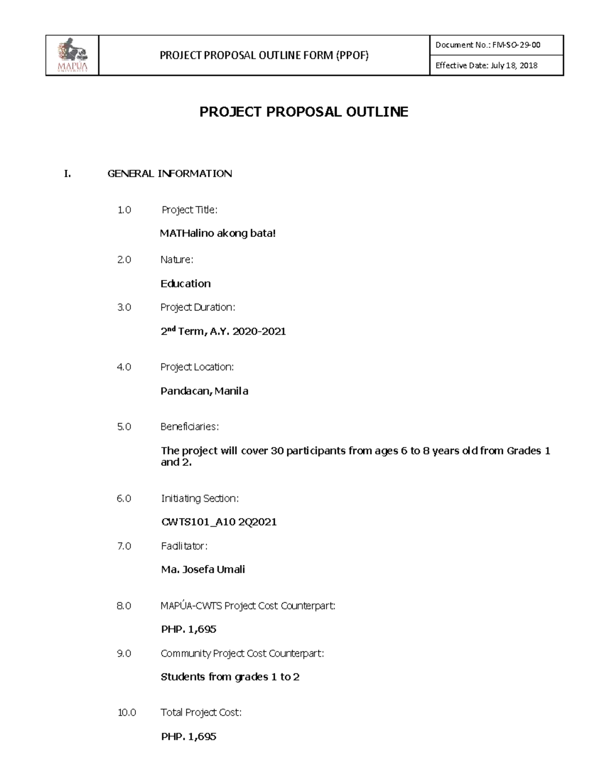 Project Proposal Outline Form Rodriguez - PROJECT PROPOSAL OUTLINE FORM (PPOF) Effective Date ...