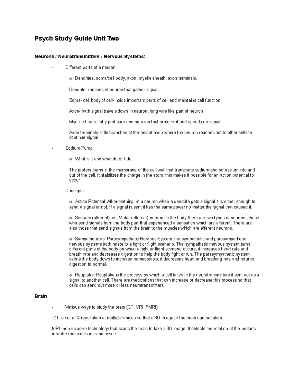 Psych Study Guide Unit Two biological basis - Psych Study Guide Unit ...