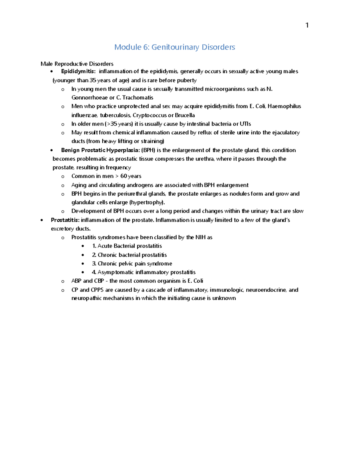 Module-6-Genitourinary - Module 6 : Genitourinary Disorders Male Reproductive Disorders - - Studocu