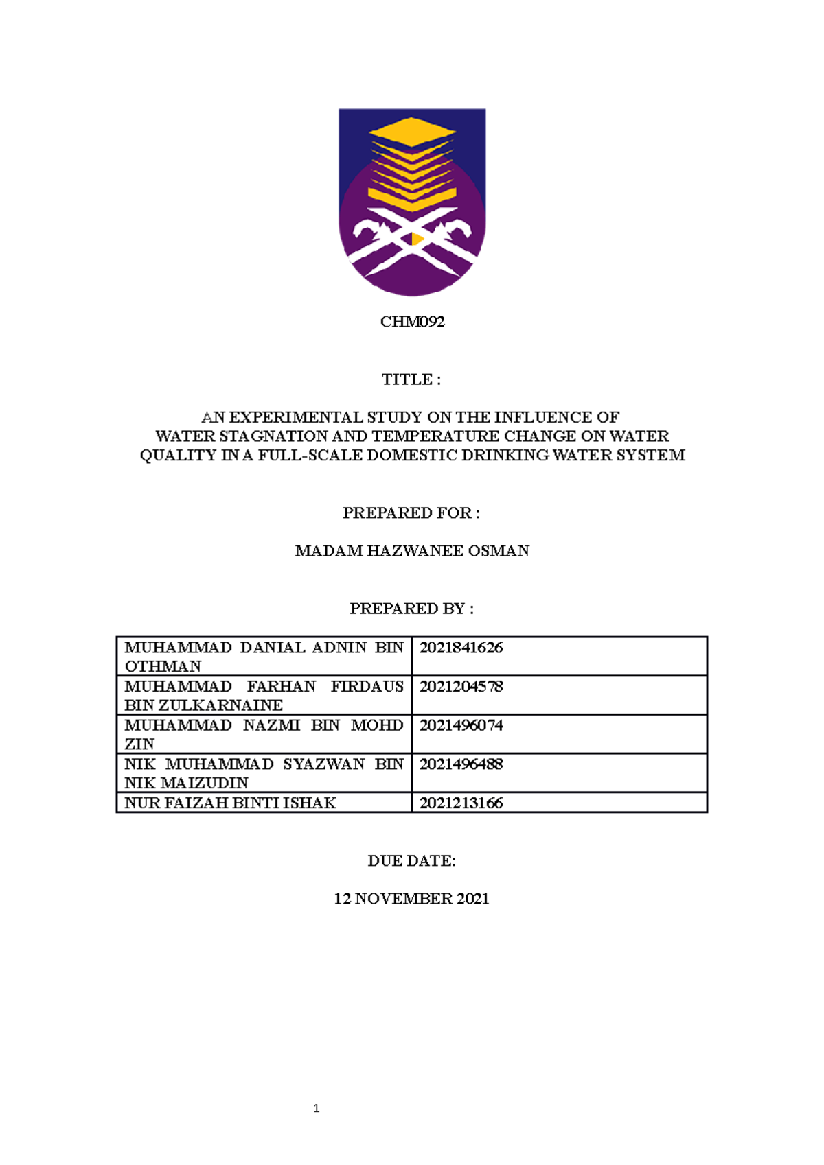 Assignment chem - Assigment Sem 1 - CHM092 TITLE : AN EXPERIMENTAL ...