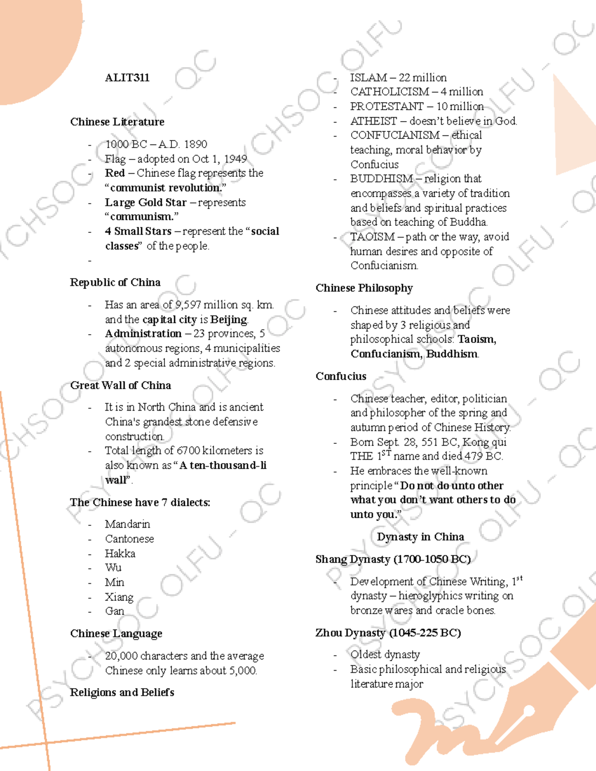 ALIT MIDTERM REVIEWER - ALIT Chinese Literature - 1000 BC – A. 1890 ...