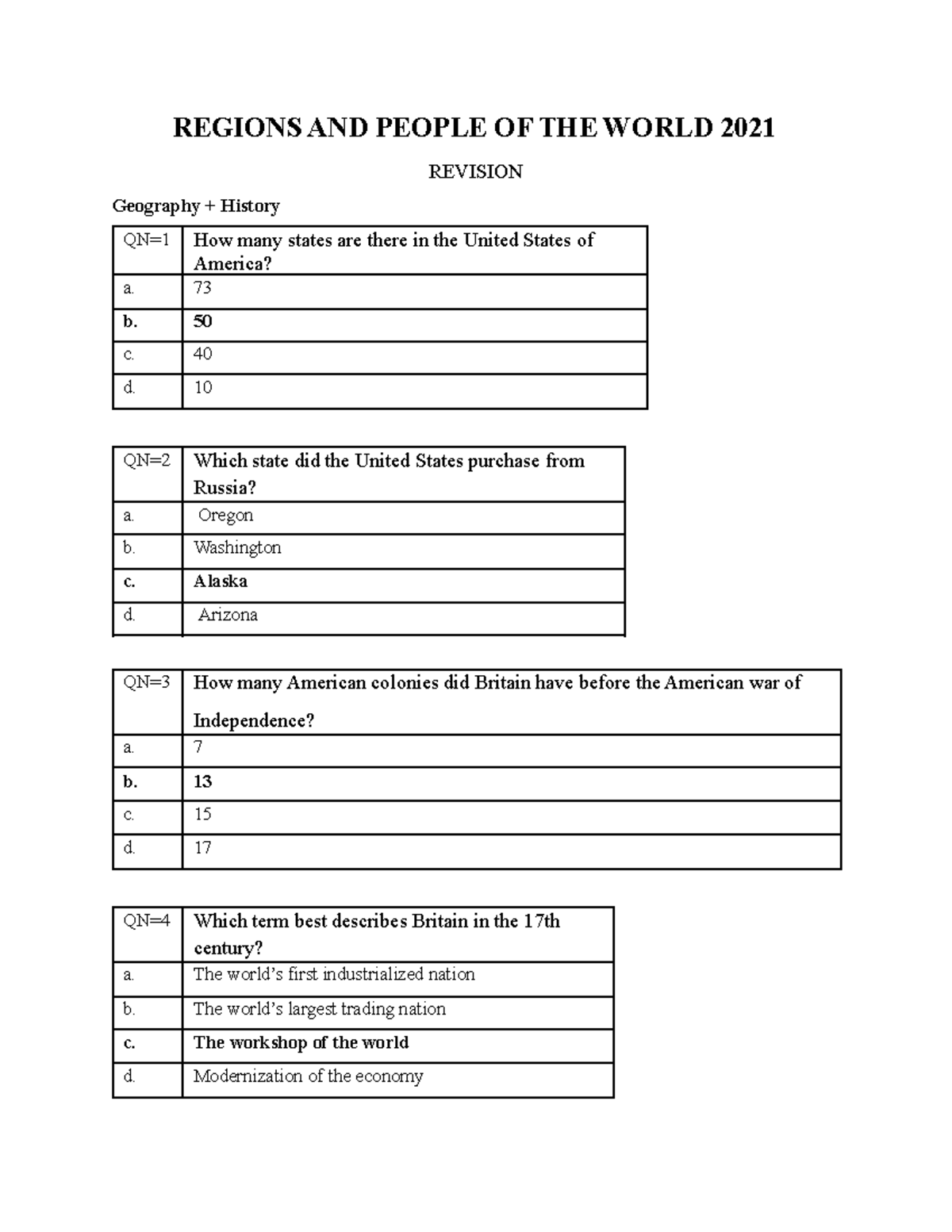 Region & People of the world 2021 _ Multiple choice questions - REGIONS ...