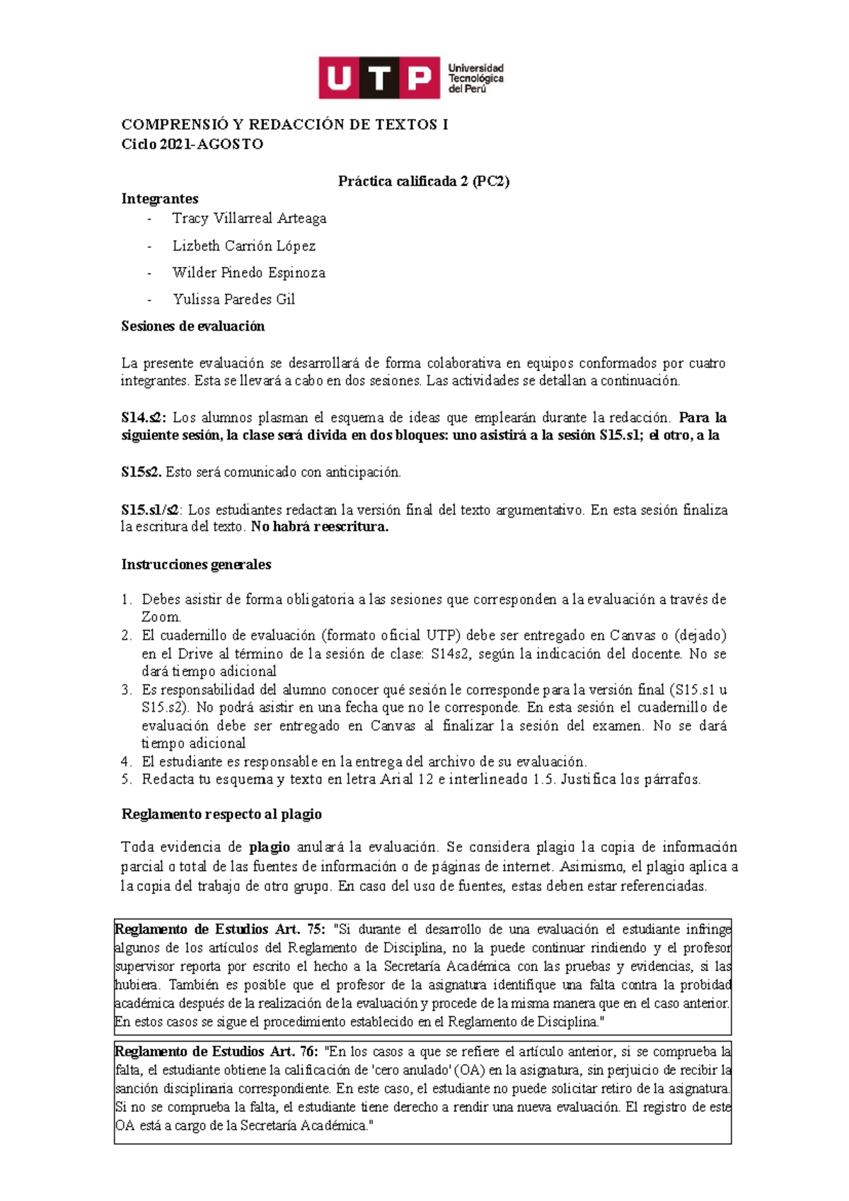 S14.s2 y S15 Práctica Calificada 2 (Formato oficial UTP) 2021-agosto - COMPRENSIÓ Y REDACCIÓN DE ...