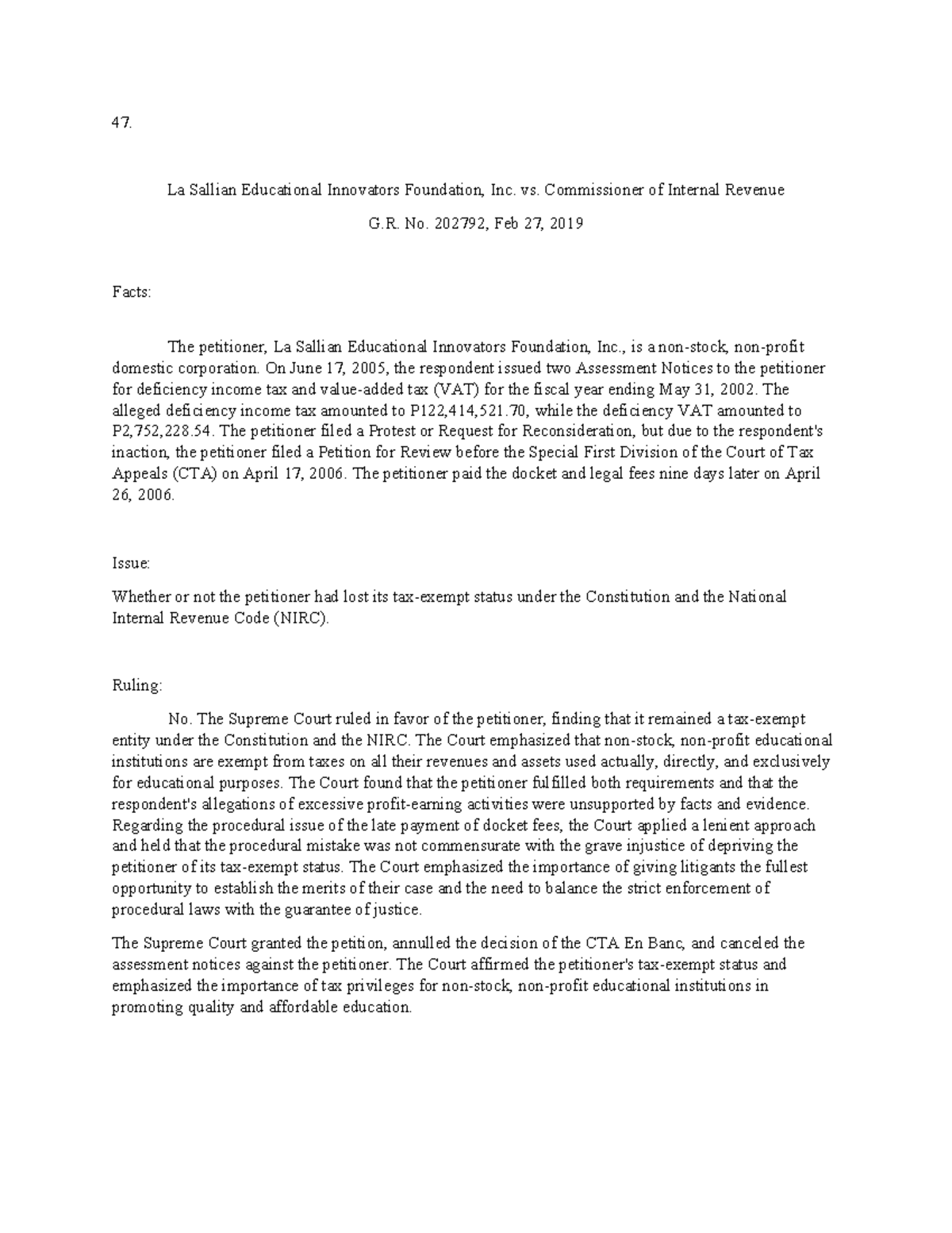 La Sallian Educational Innovators Foundation, Inc. vs. Commissioner of Internal Revenue - 47. La ...