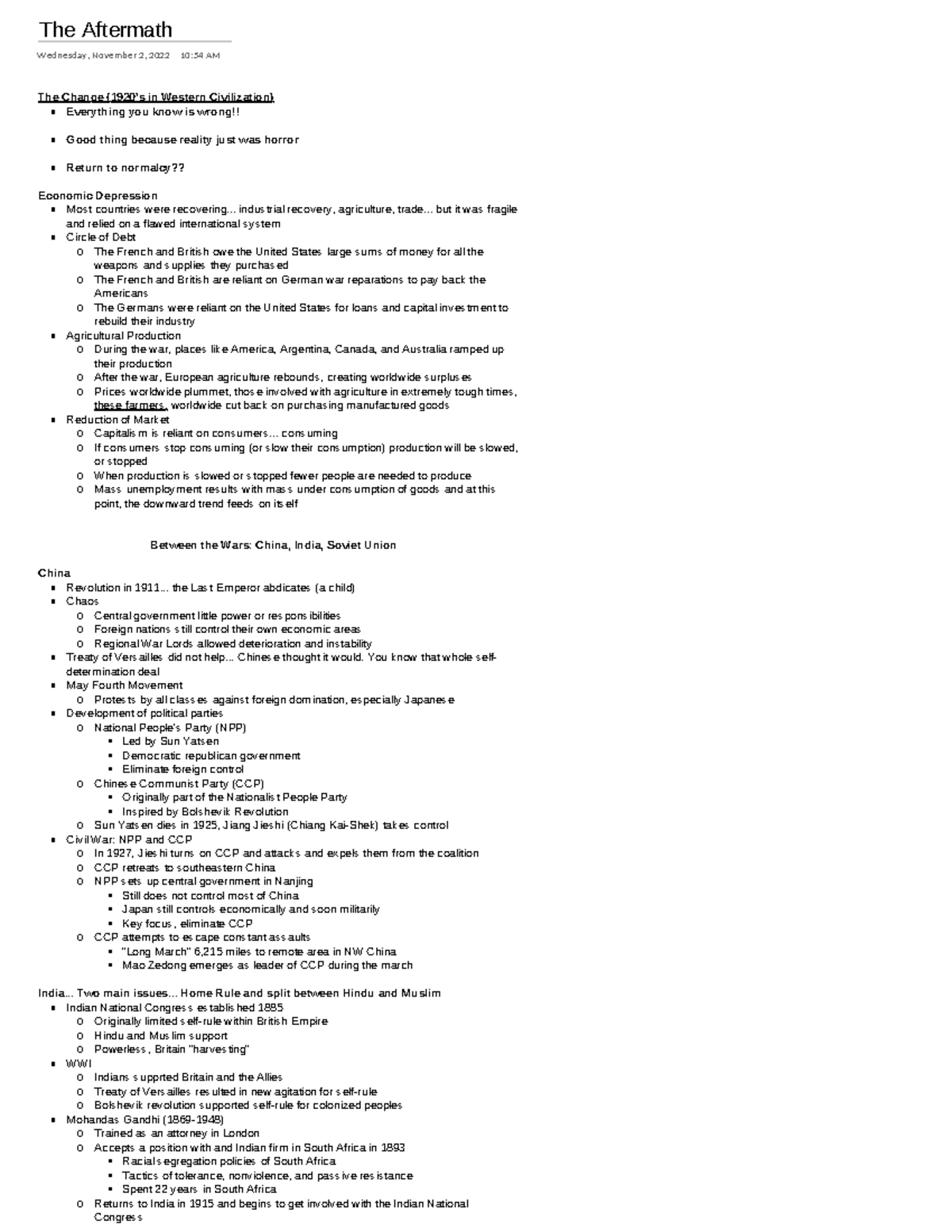 WWI Aftermath - The Aftermath Wednesday, November 2, 2022 10:54 AM The ...
