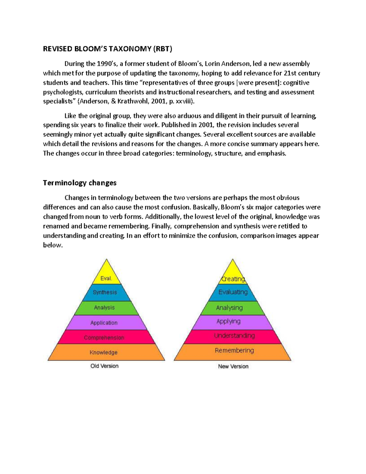 Revised Bloom - REVISED BLOOM’S TAXONOMY (RBT) During the 1990’s, a ...