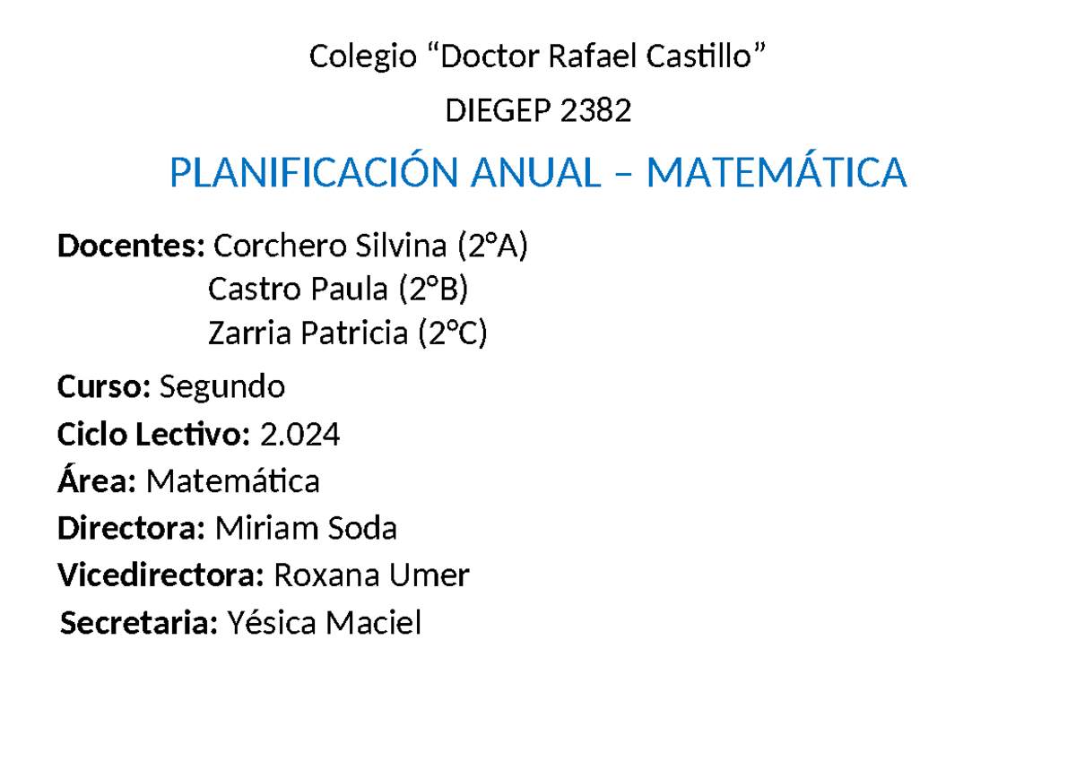 2. Planificacion Anual Matematica 2DO 2024 - Colegio “Doctor Rafael ...