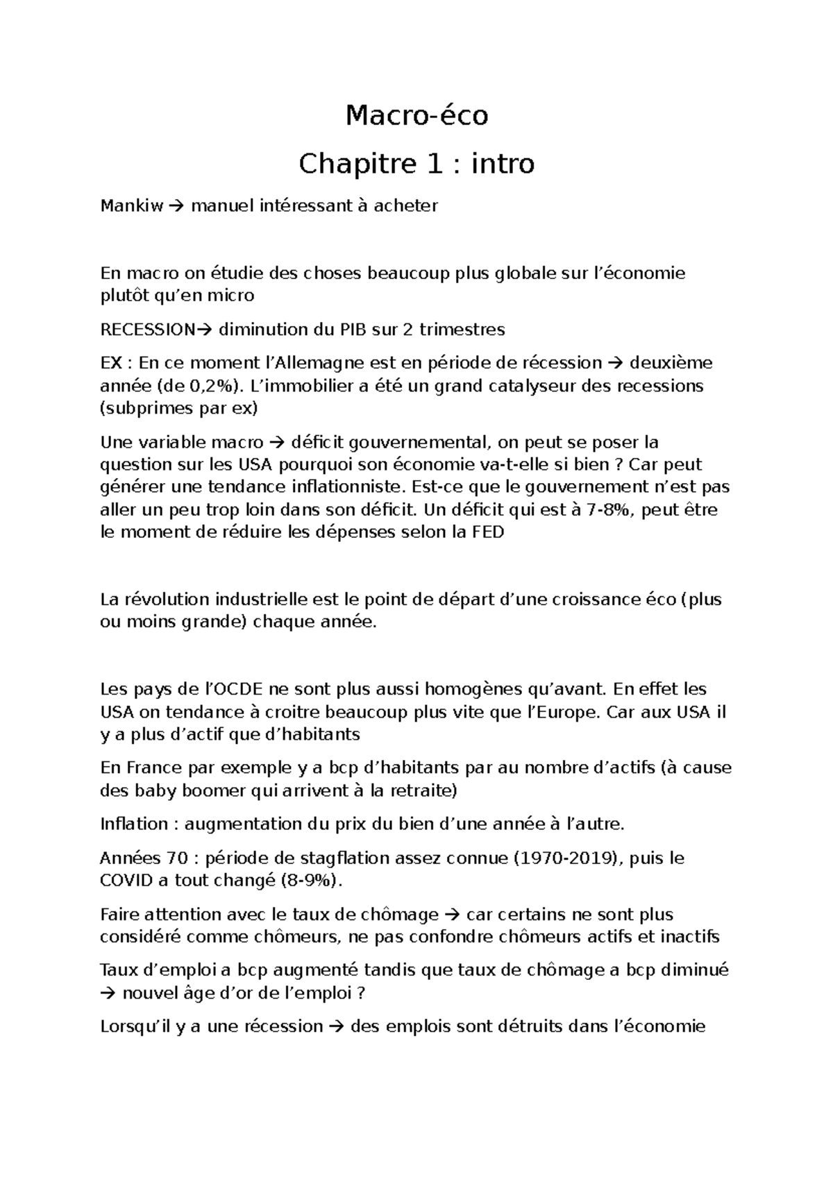 Macro-éco introduction - Macro-éco Chapitre 1 : intro Mankiw manuel intéressant à acheter En ...