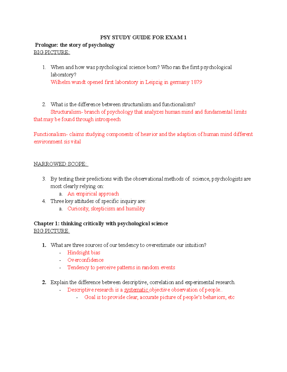 PSY Study Guide FOR EXAM 1 - PSY STUDY GUIDE FOR EXAM 1 Prologue: the ...