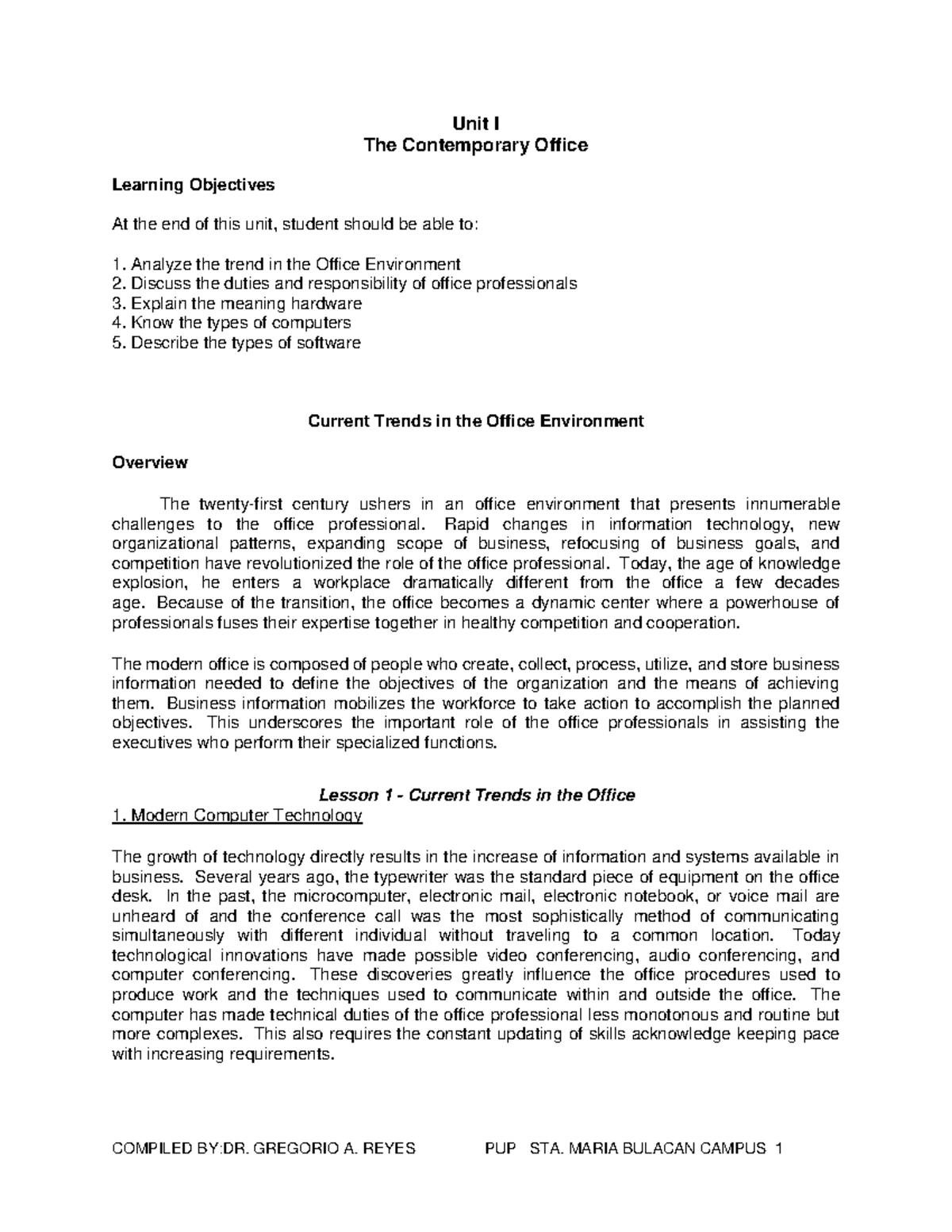 Administrative-Office-Professionals- Content - Unit I The Contemporary ...