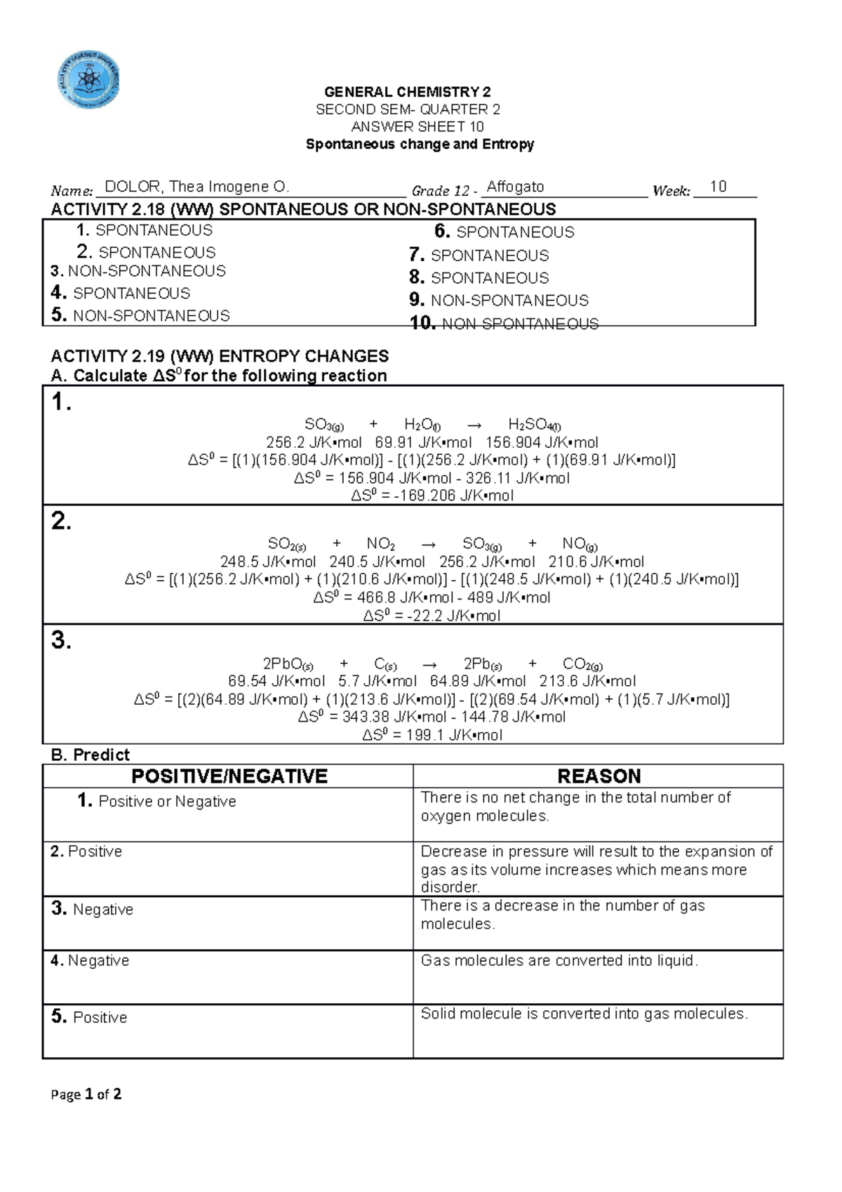 WEEK 10 LAS Answer Sheet IN GEN CHEM 2 - GENERAL CHEMISTRY 2 SECOND SEM ...