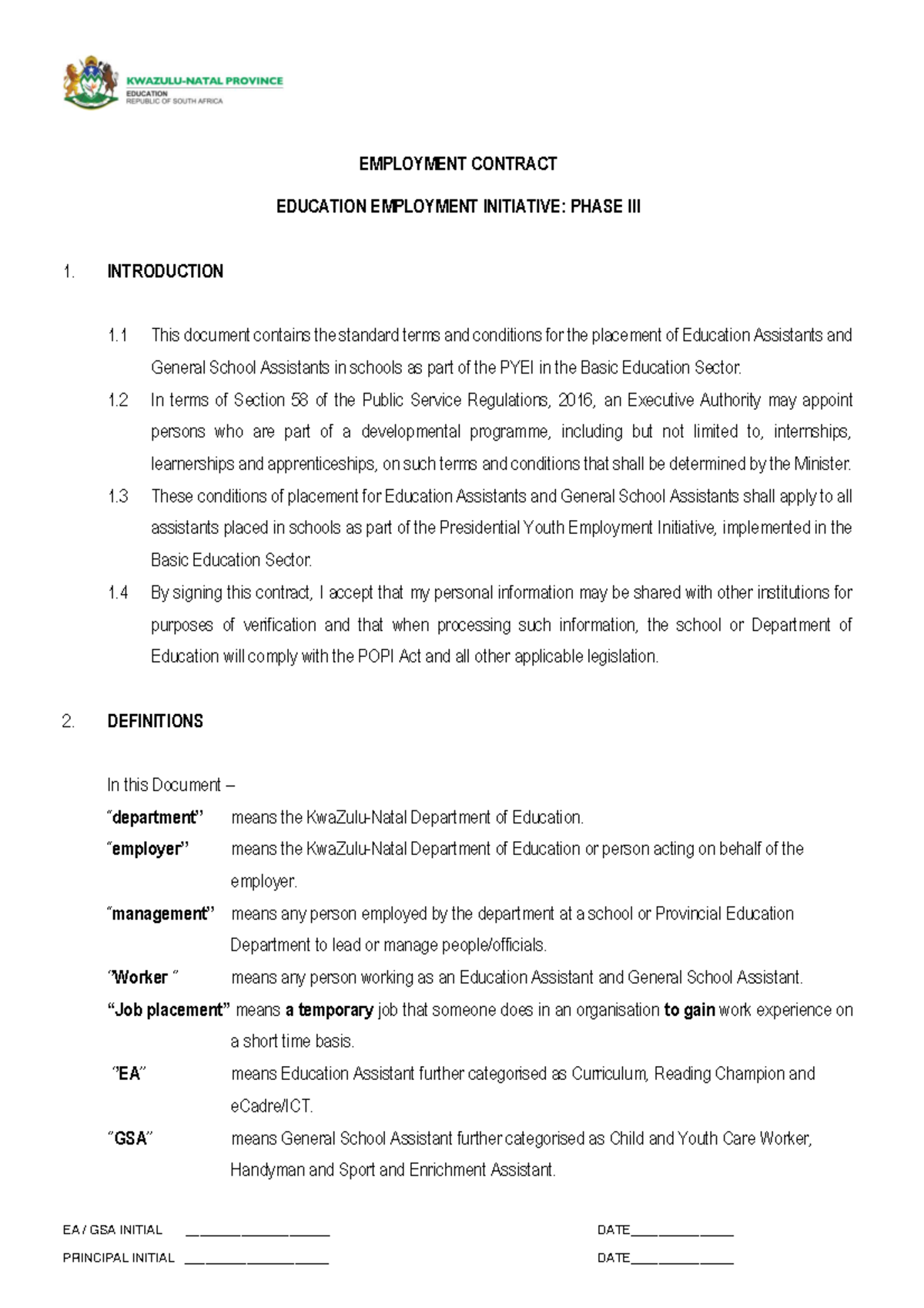 Employment Contract example - EA / GSA INITIAL ...