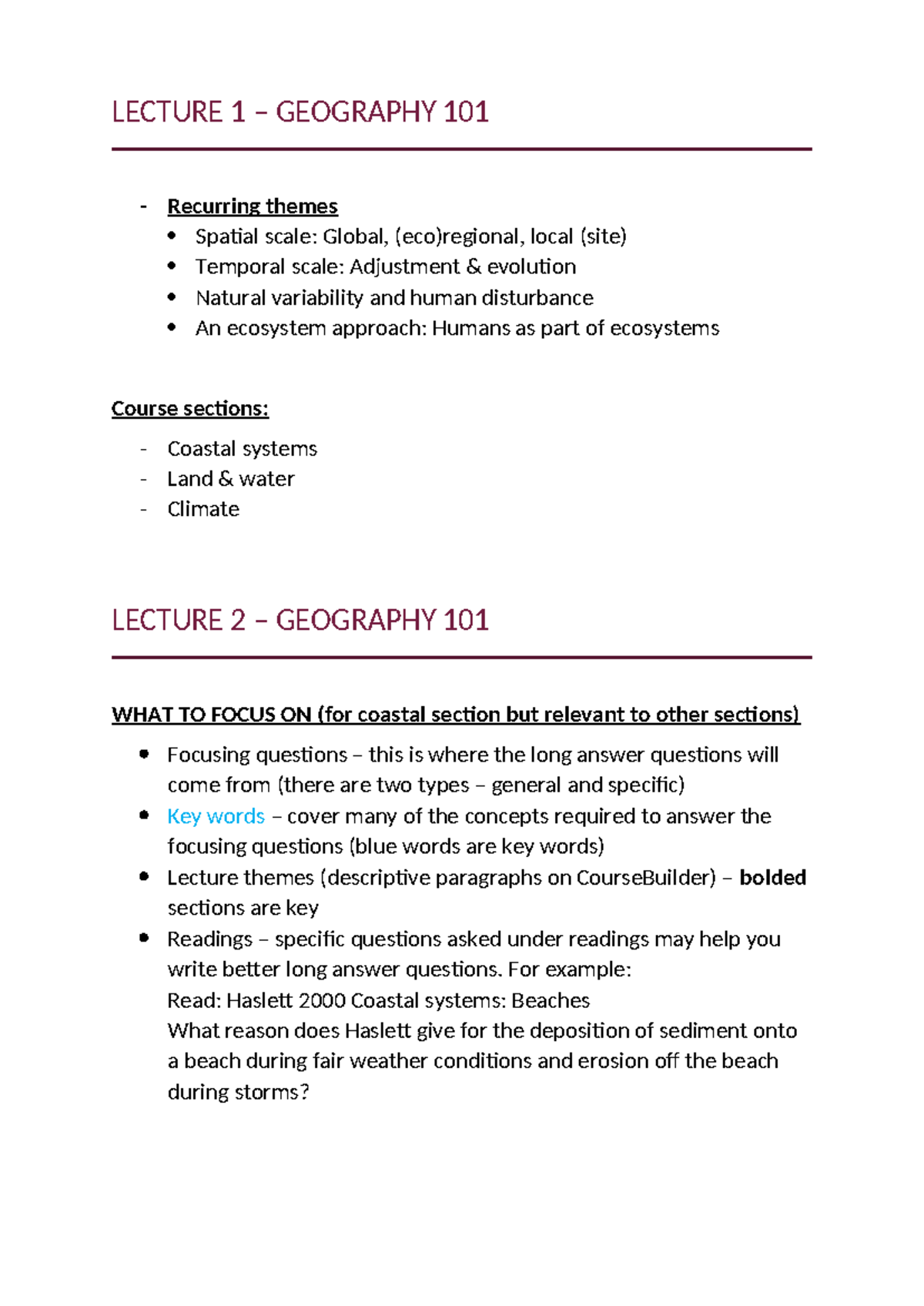 GEOG101 - Summary Earth Surface Processes and Landforms - LECTURE 1 ...