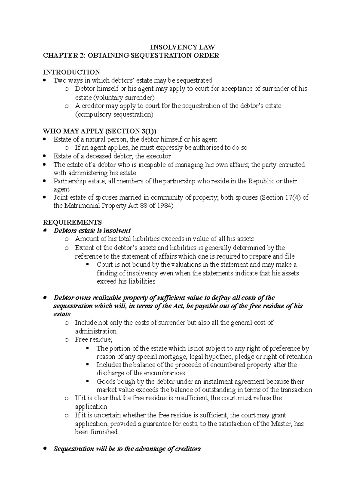 Insolvency LAW Chapter 2 - INSOLVENCY LAW CHAPTER 2: OBTAINING ...