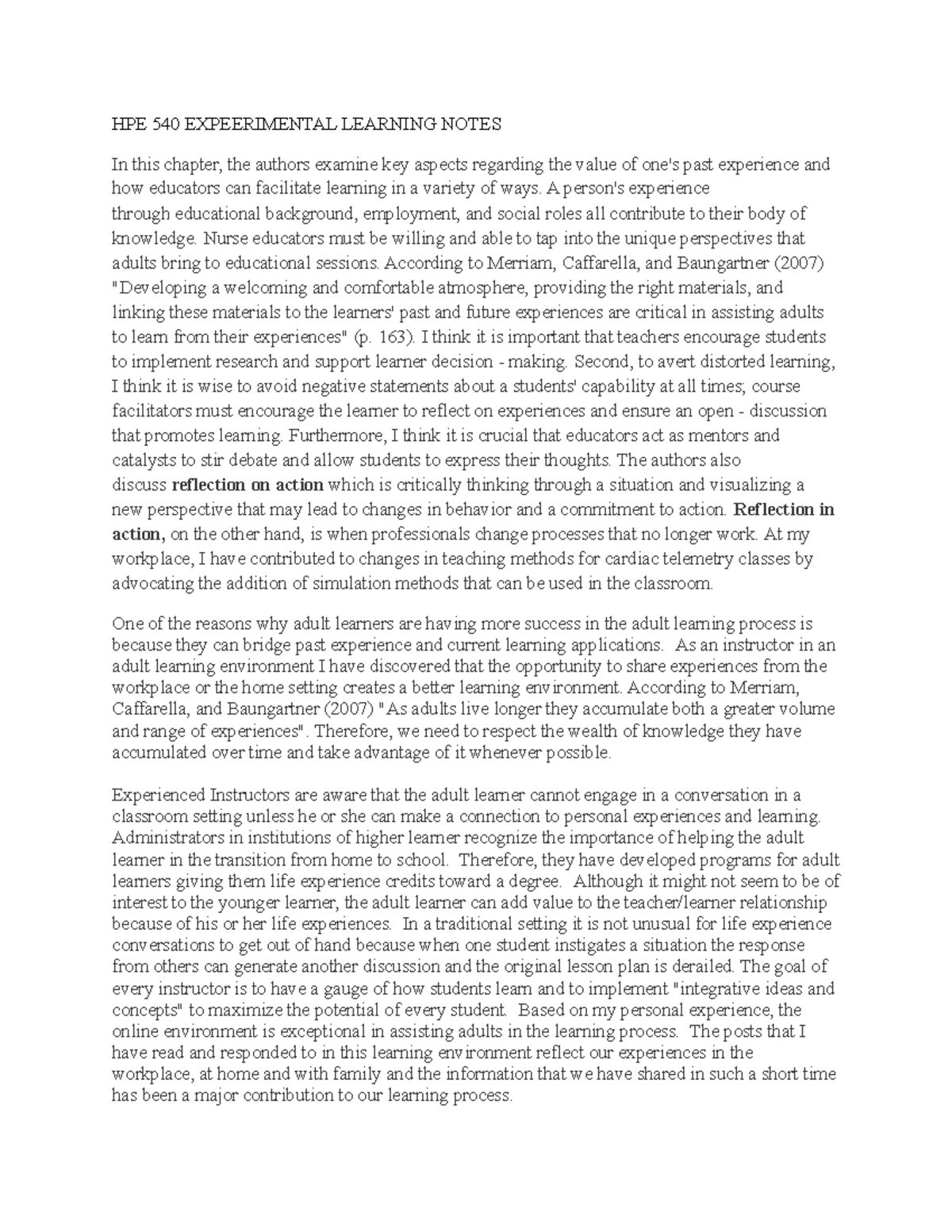 HPE 540 Expeerimental Learning Notes - HPE 540 EXPEERIMENTAL LEARNING ...