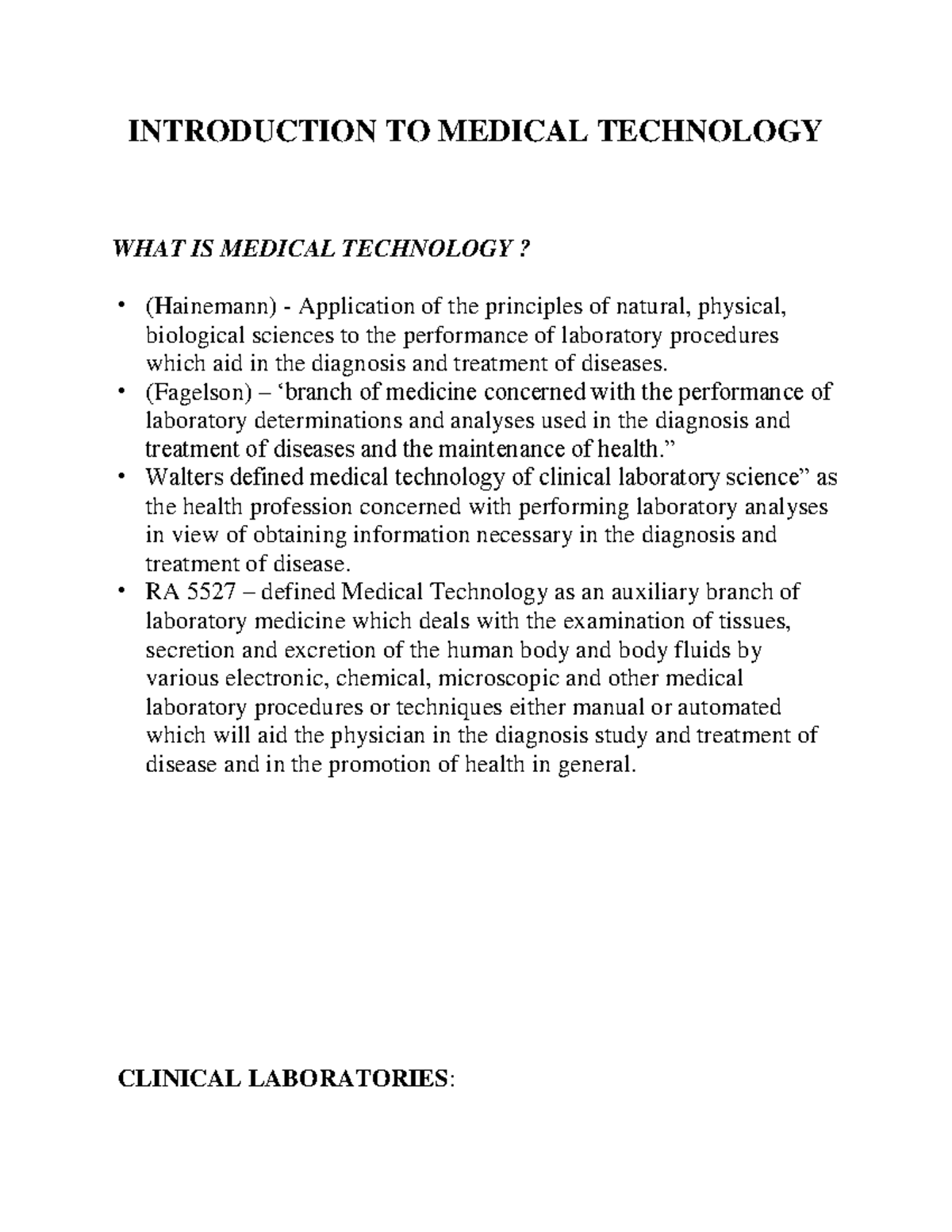 Notes - INTRODUCTION TO MEDICAL TECHNOLOGY WHAT IS MEDICAL TECHNOLOGY ...