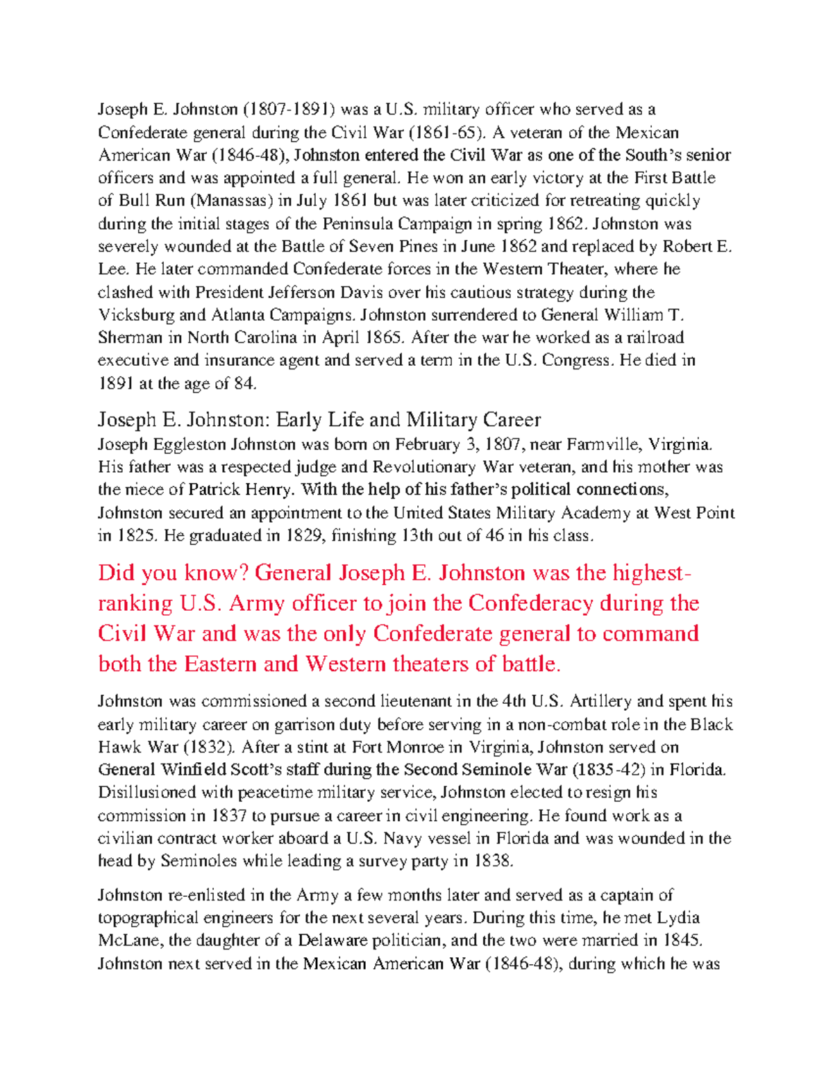 Joseph E. Johnston Notes - Joseph E. Johnston (1807-1891) was a U ...