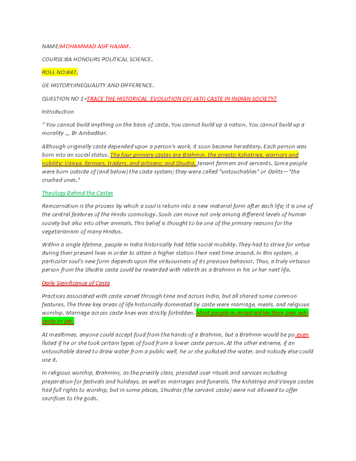 Trace the historical evolution of jati(caste) in India - NAME:MOHAMMAD ...