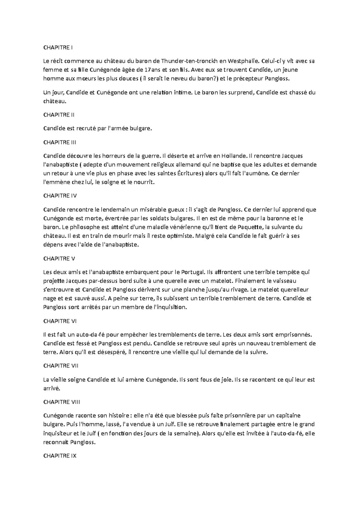 Candide voltaire sommaire - CHAPITRE I Le récit commence au château du ...