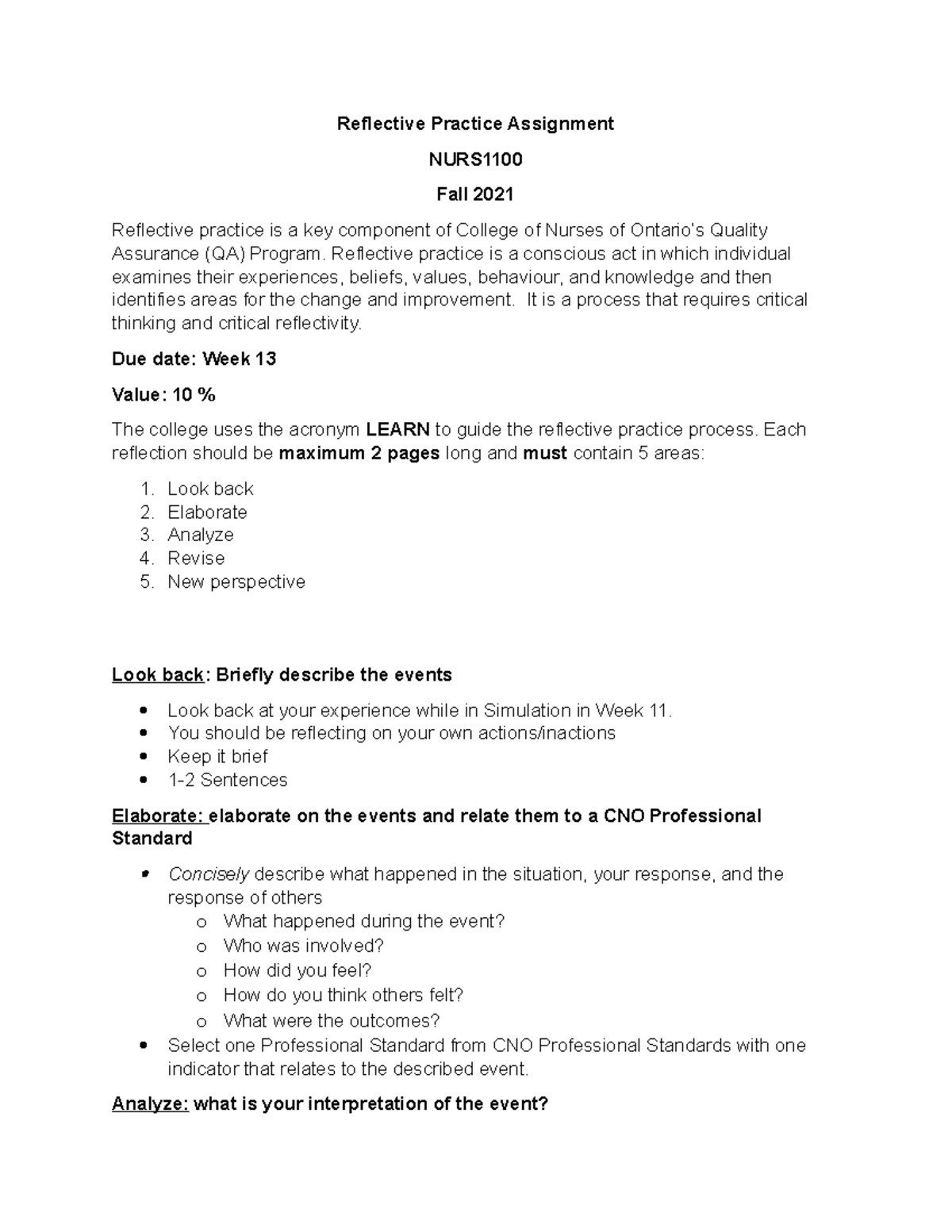 NURS 1100 Reflection Assignment + Lab Quiz Notes (Weeks 11, 12, 13 ...