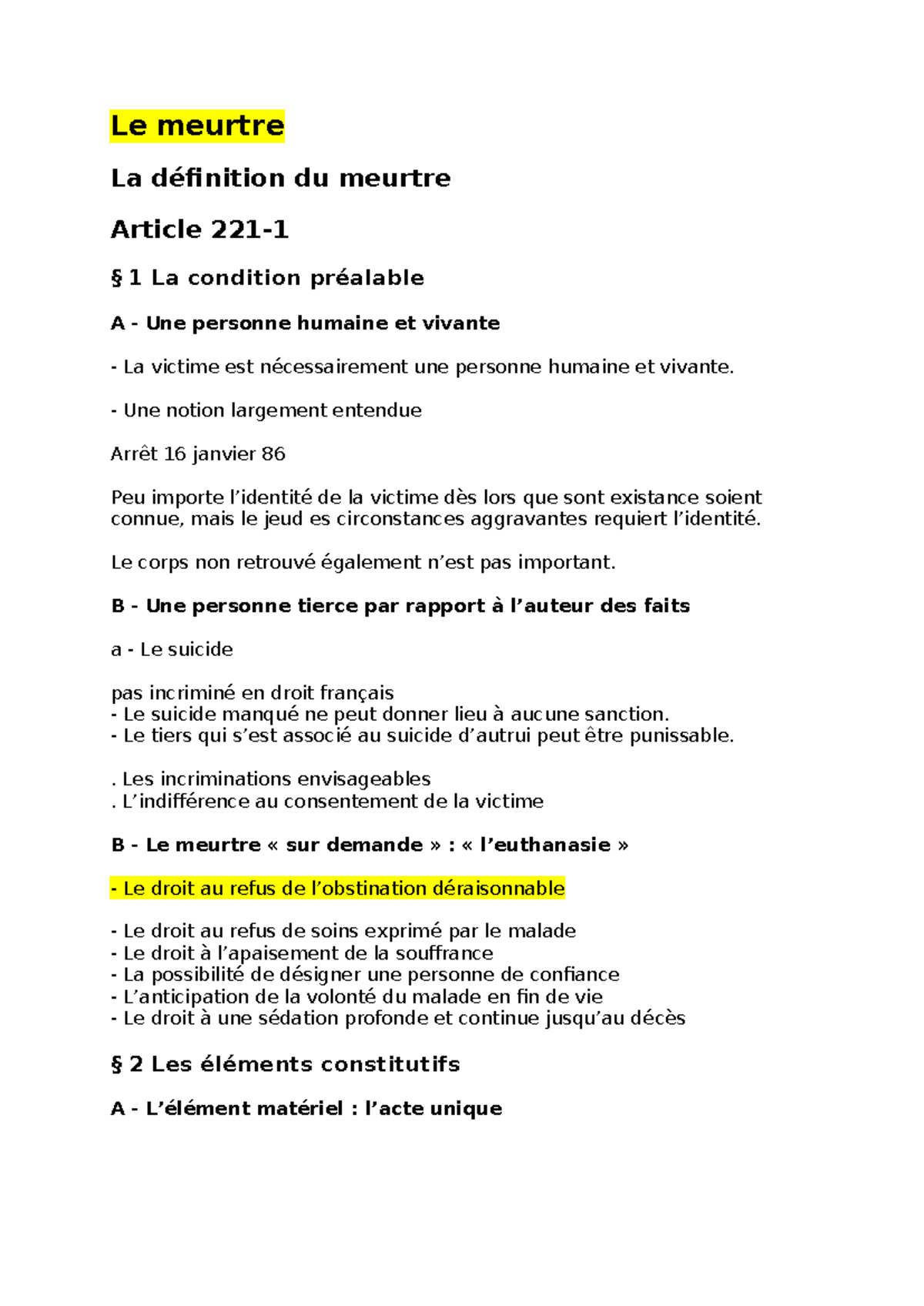 Droit pénal spécial- le meurtre + l'empoisonnement - Le meurtre La ...