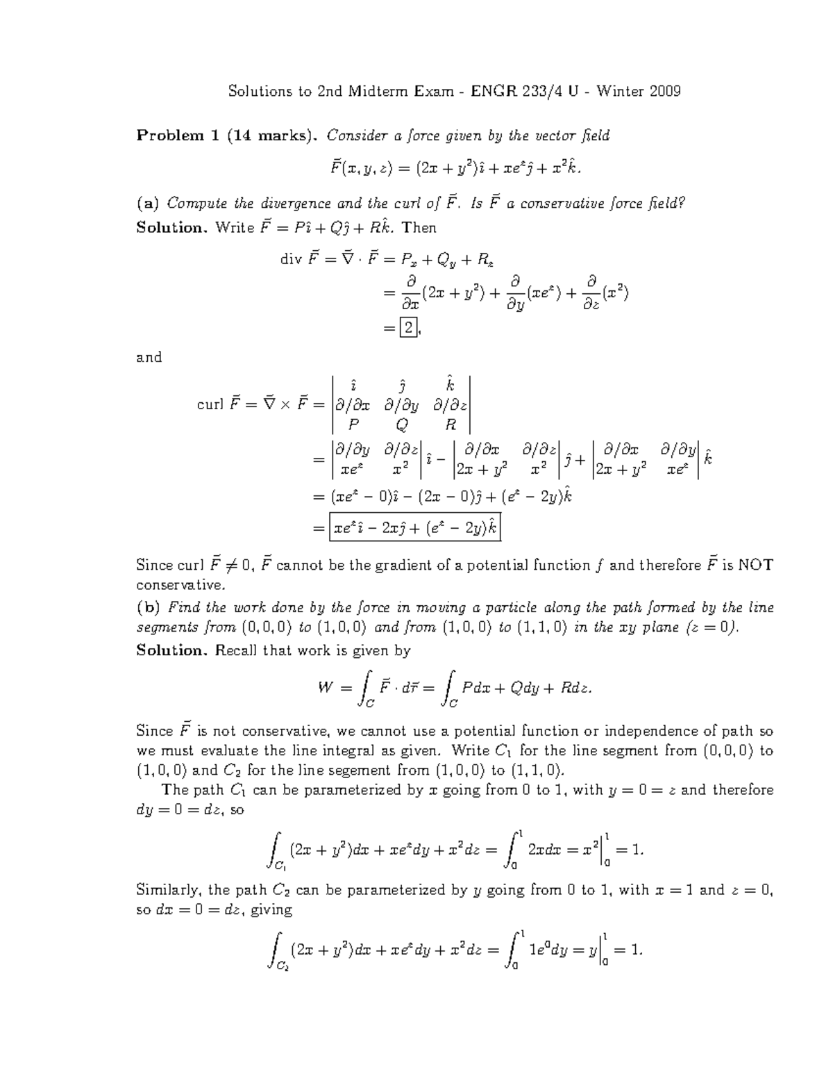 ENGR 233 - Midterm 2.0 - Solutions to 2nd Midterm Exam - ENGR 233/4 U - Winter 2009 Problem 1 ...