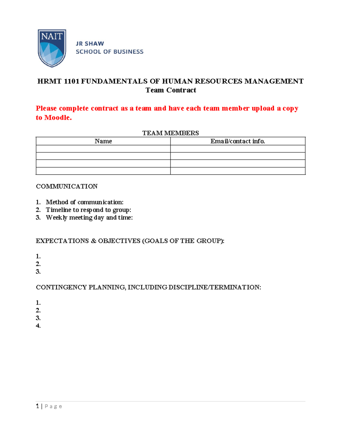 Team Contract HRMT1101 - HRMT 1101 FUNDAMENTALS OF HUMAN RESOURCES ...