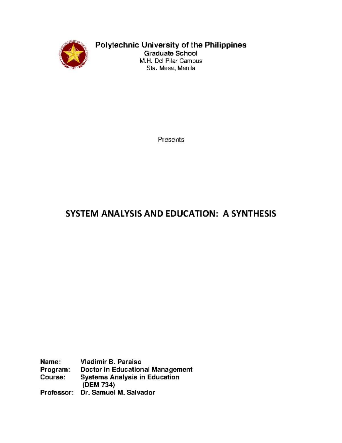 Synthesis Systems Analysis And Education Polytechnic University Of The Philippines Graduate