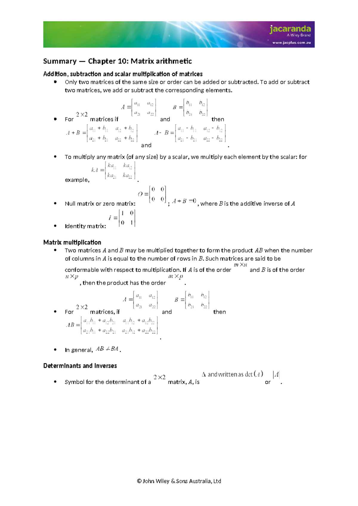 Chapter 10 - Summary — Chapter 10: Matrix arithmetic Addition ...
