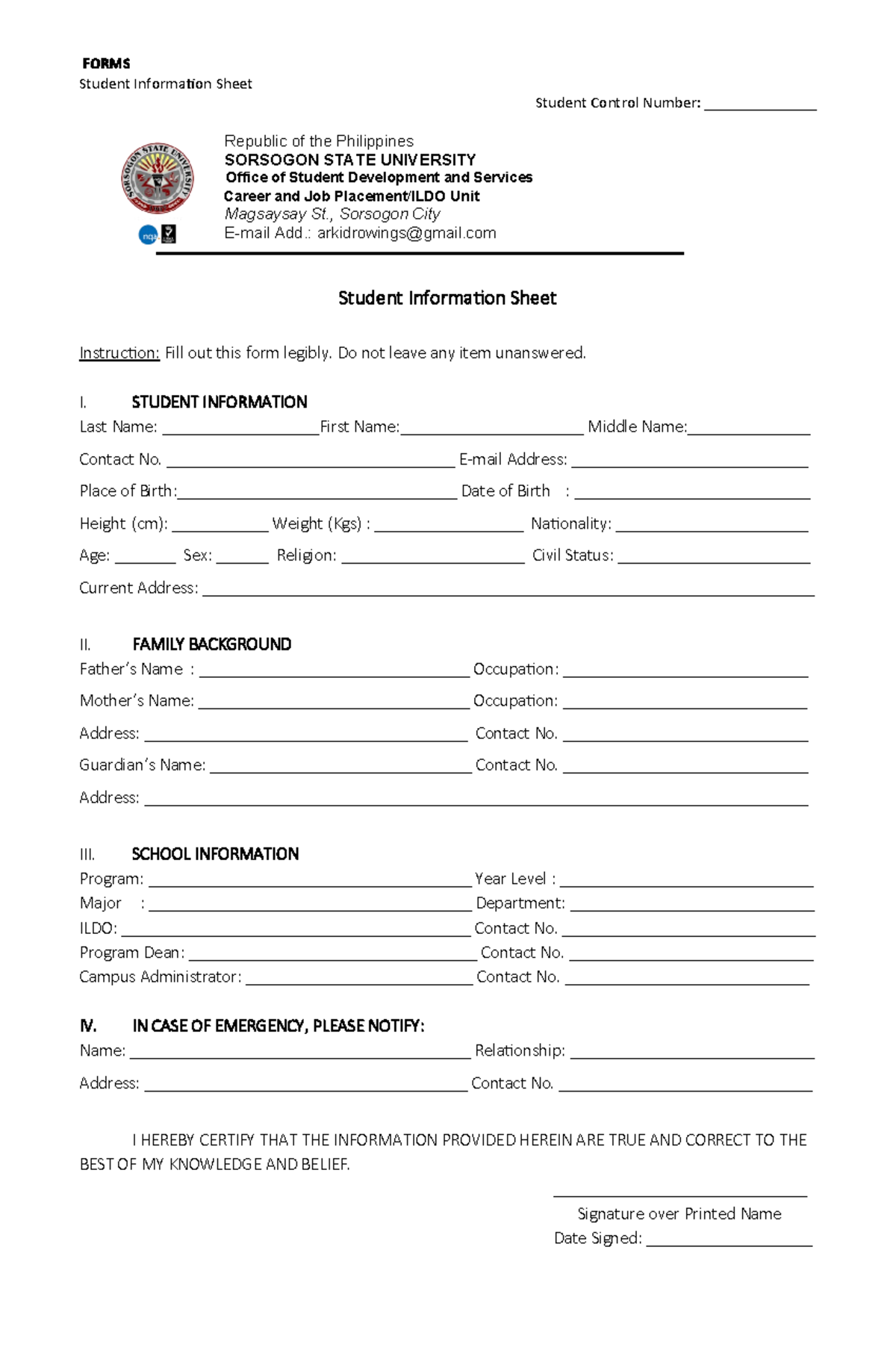 Student-Information-Sheet-OJT - FORMS Student Information Sheet Student ...