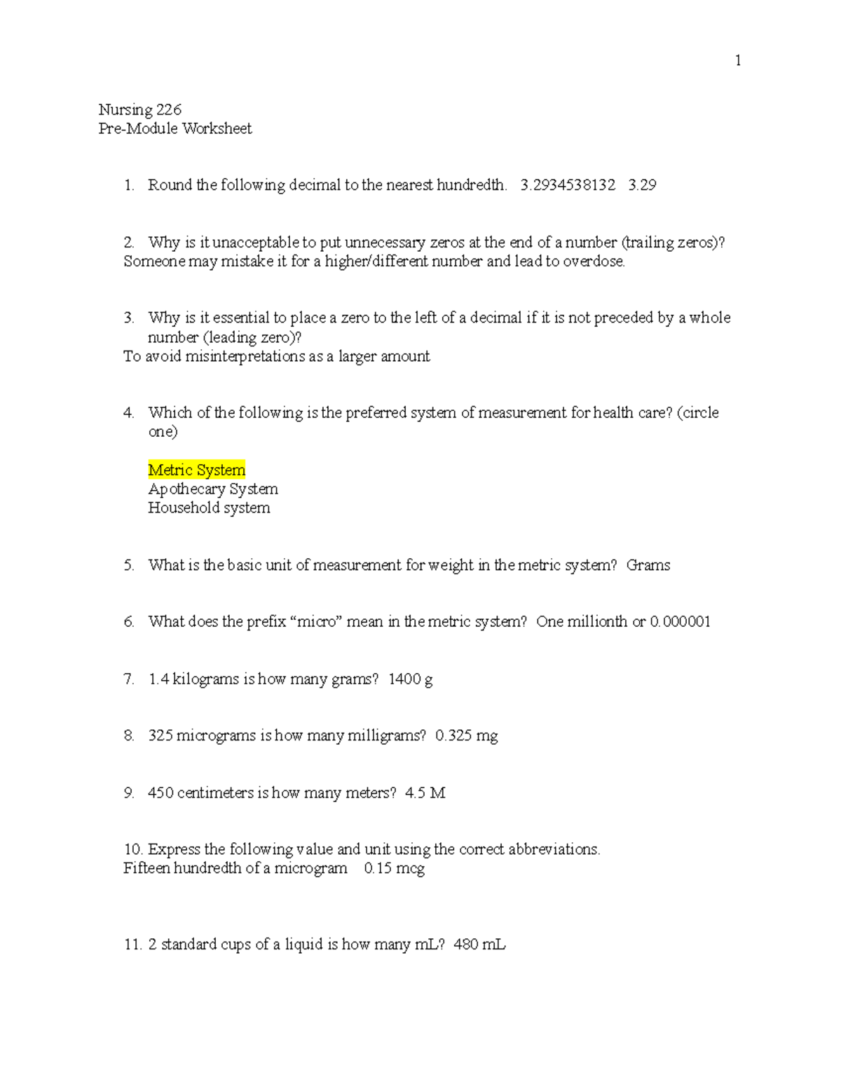 226 Med Math Worksheet premodule Study Guide - 1 Nursing 226 Pre-Module ...