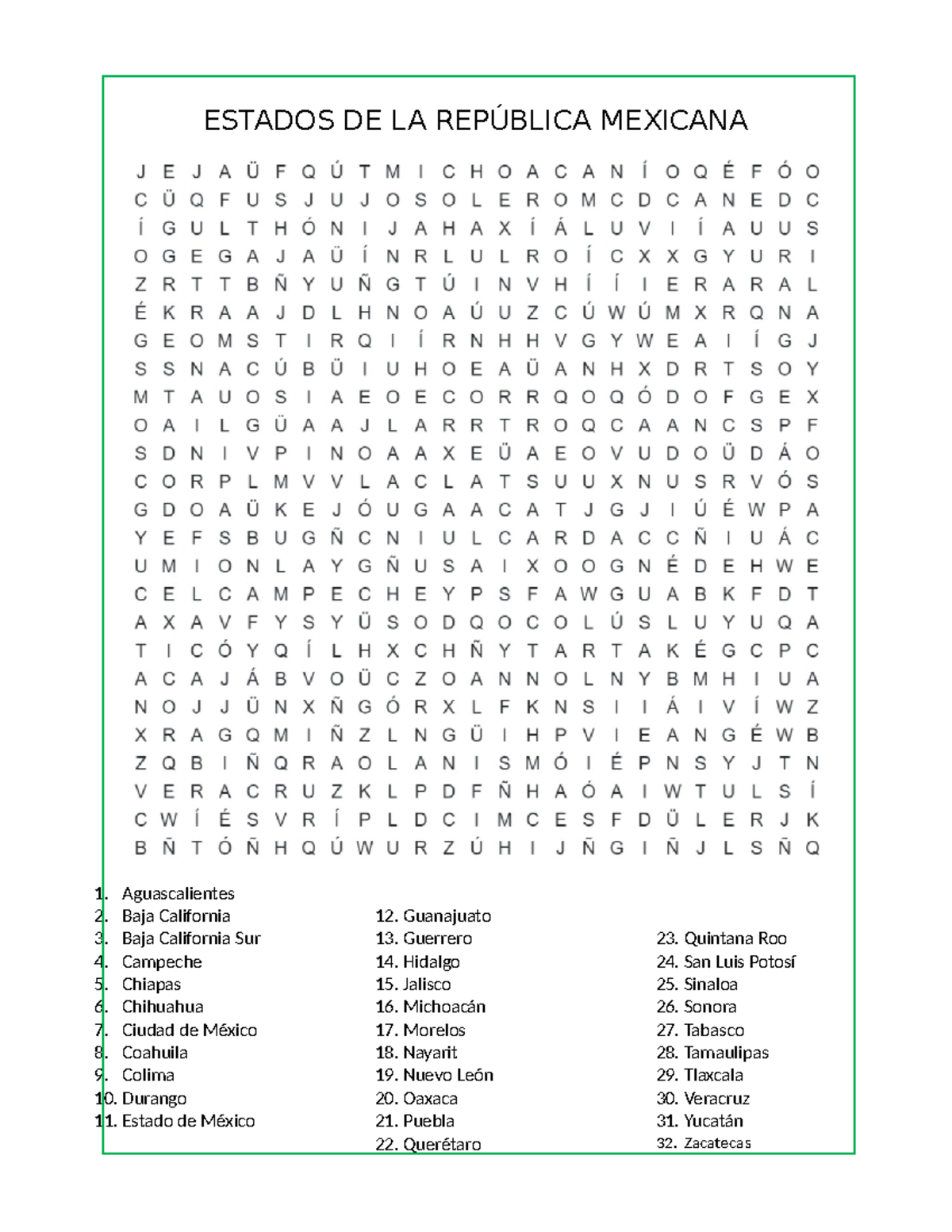 sopa de letras estados de la republica mexicana - ESTADOS DE LA ...