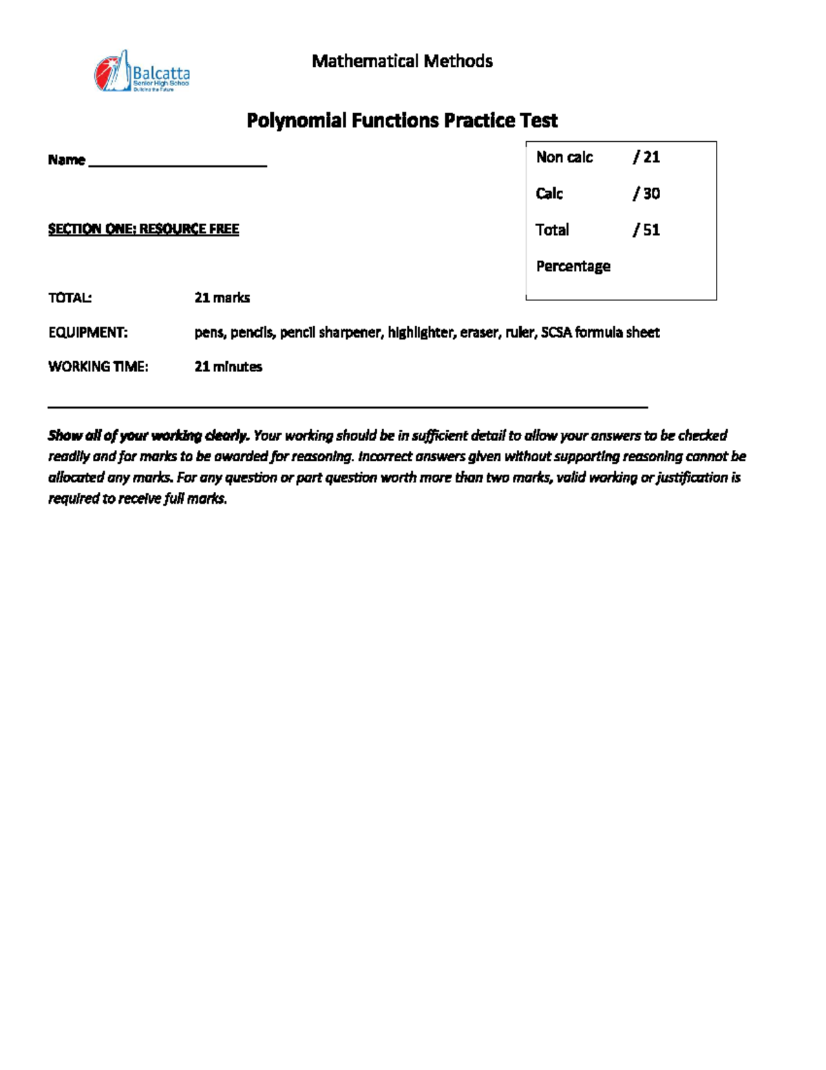 Practice Test Mathematical methods - functions and polynomials unit 1 ...